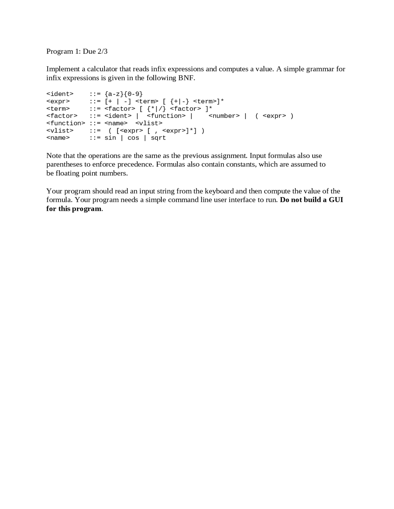 Infix Expression Calculator Program - Prof. Steven Roach | Assignments Computer Science | Docsity
