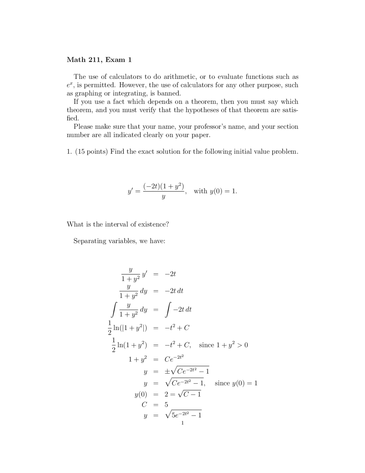 Exam 1 With Solution For Ordinary Differential Equation Math 211