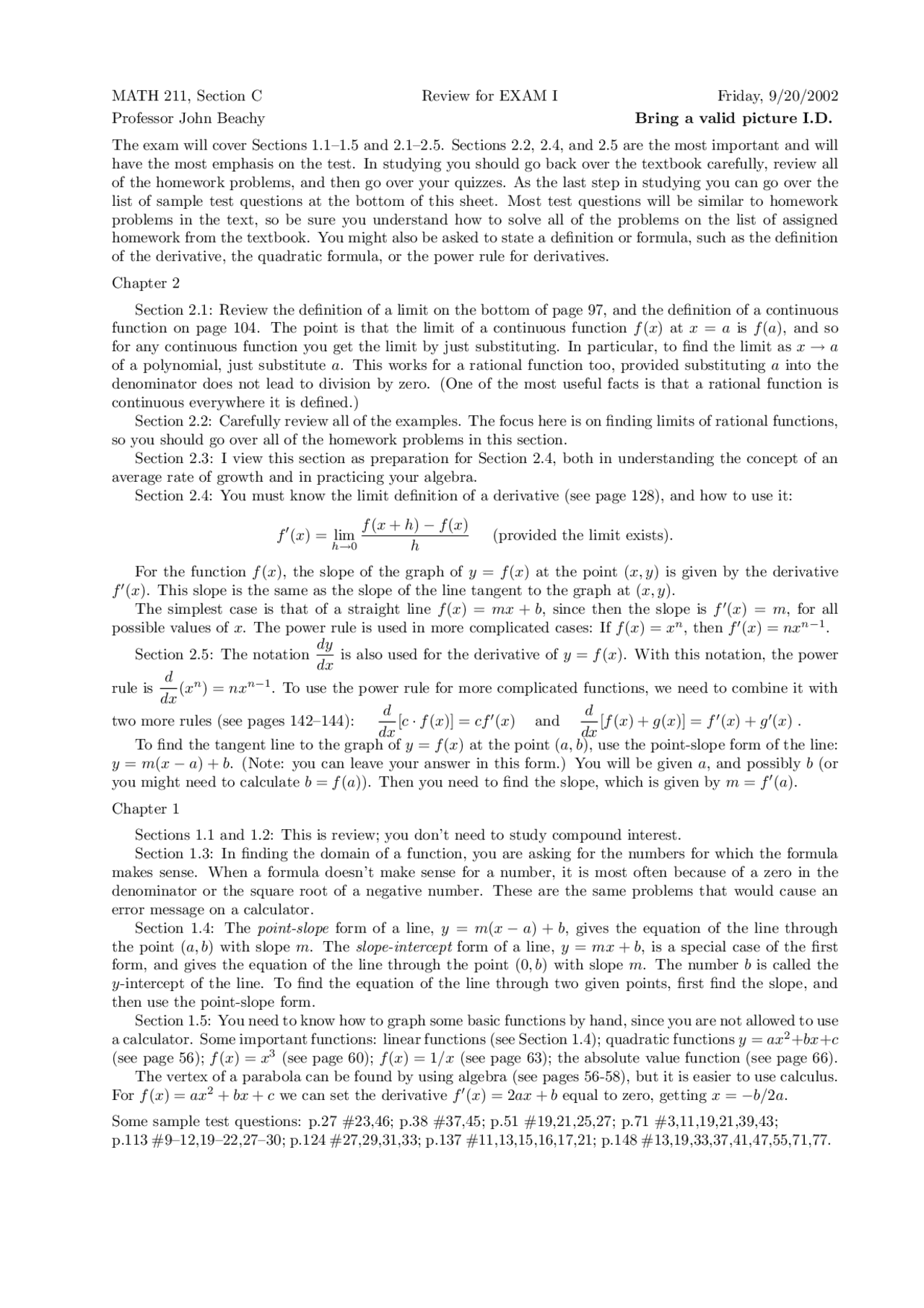 Review for Exam 1 - Calculus For Business and Social Science | MATH 211 - Docsity