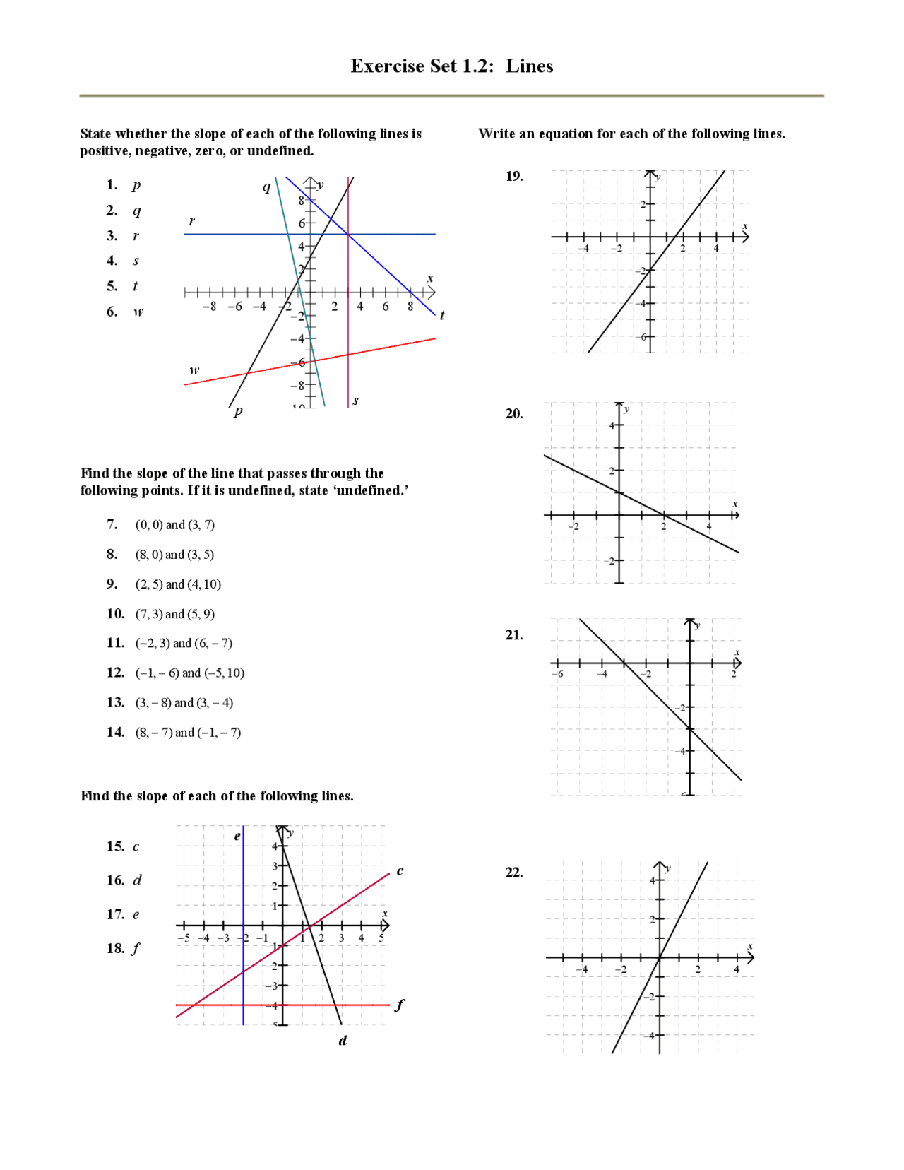 Exercise Set on Lines - College Algebra | MATH 1310 - Docsity
