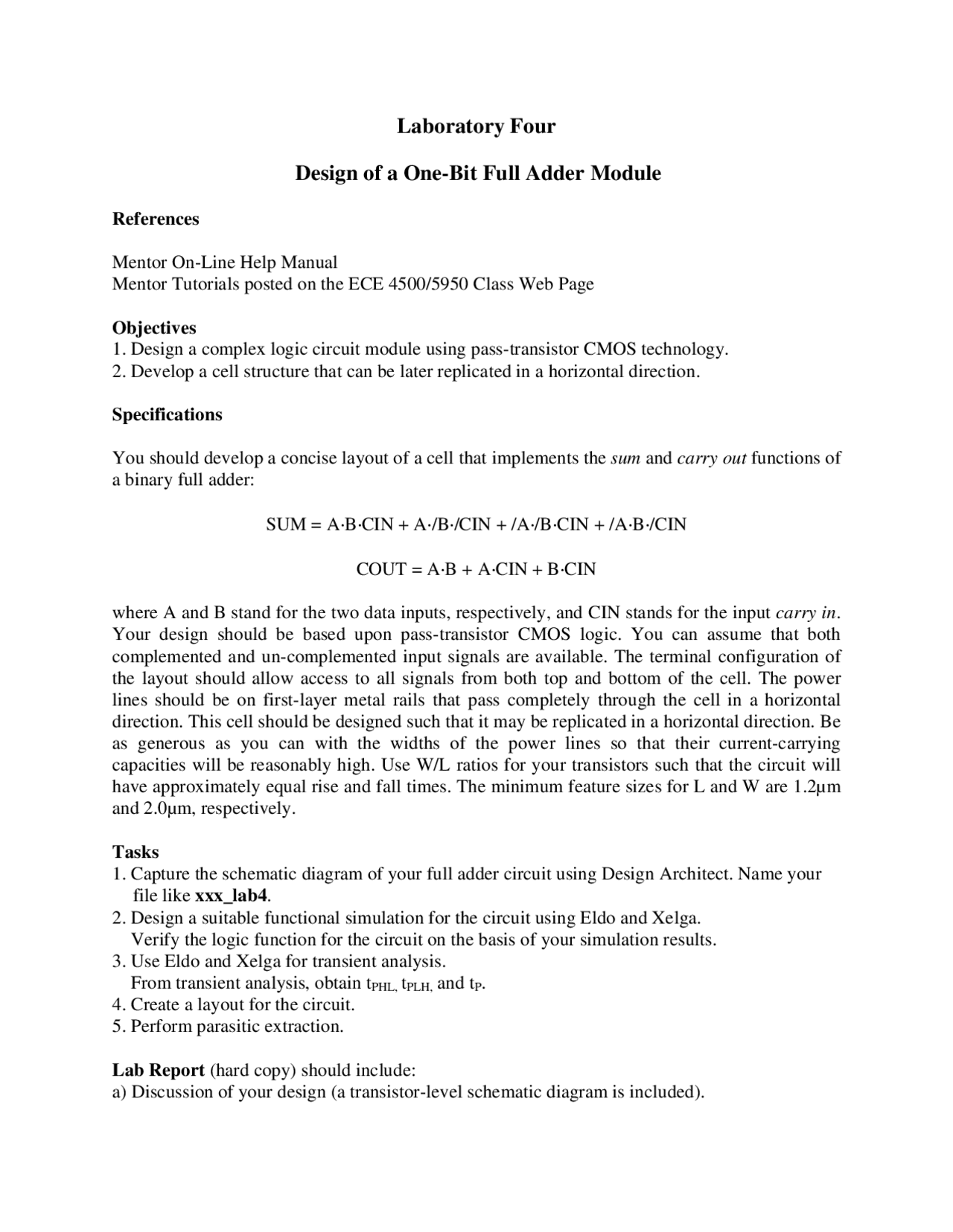 Lab 4 - Design of a One-Bit Full Adder Module - Digital Electronics ...