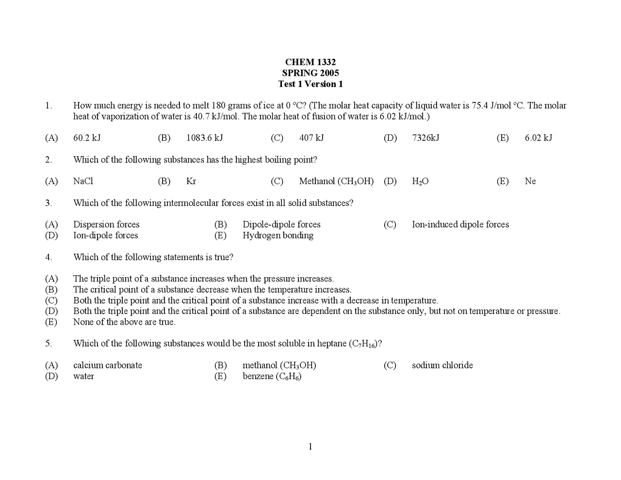 Exam 1 Questions for Fundamentals of Chemistry | CHEM 1332 - Docsity