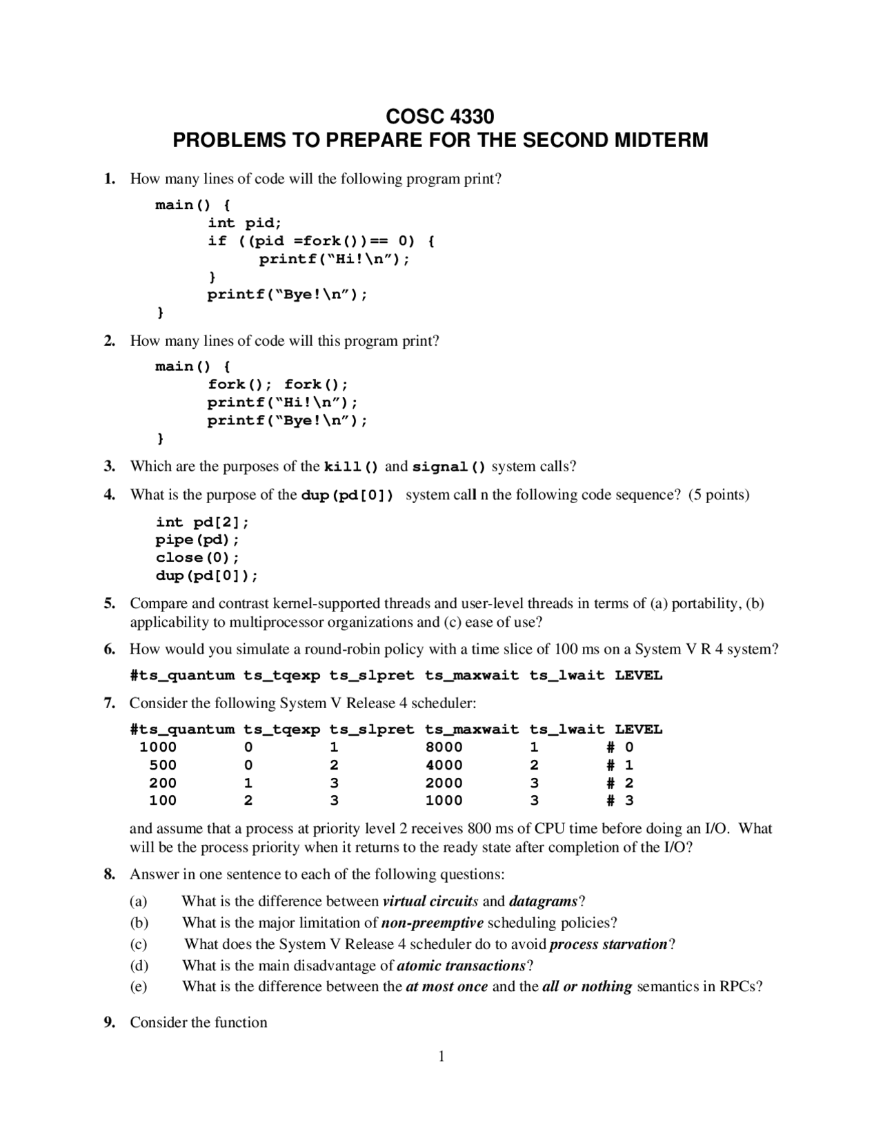Cosc 4330 Midterm 2 Preparation Problems And Answers Prof Jehan Francois Paris Exams