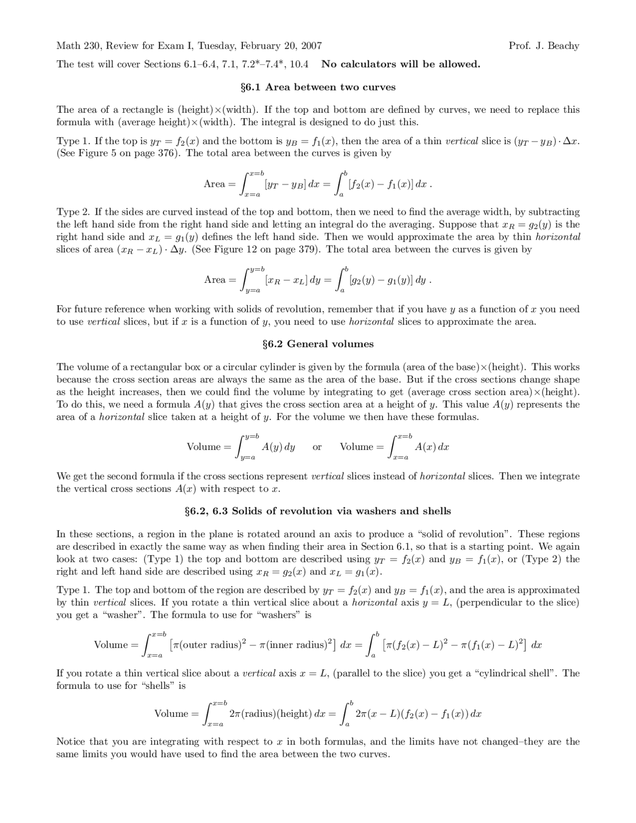 Solids of Revolution via Washers and Shells - Review Sheet | MATH 230 ...