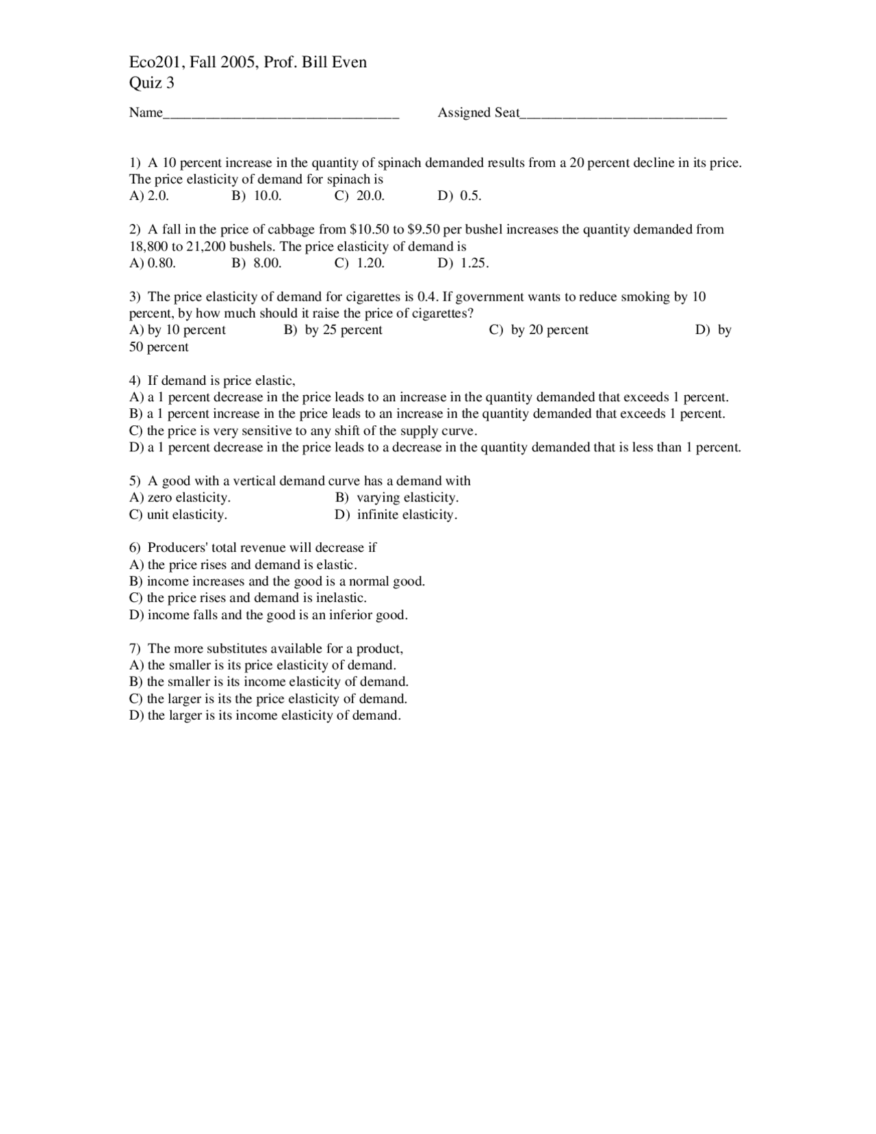 Quiz 3 With Answer Key For Principles Of Microeconomics Eco 201