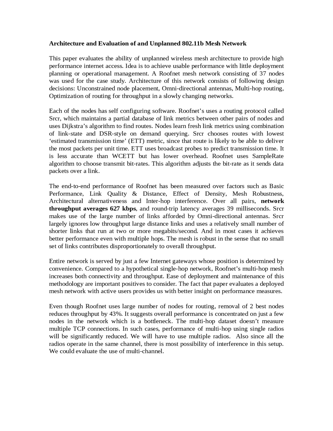 Evaluation of Unplanned 802.11b Mesh Network: Roofnet Case Study | Papers Computer Science | Docsity