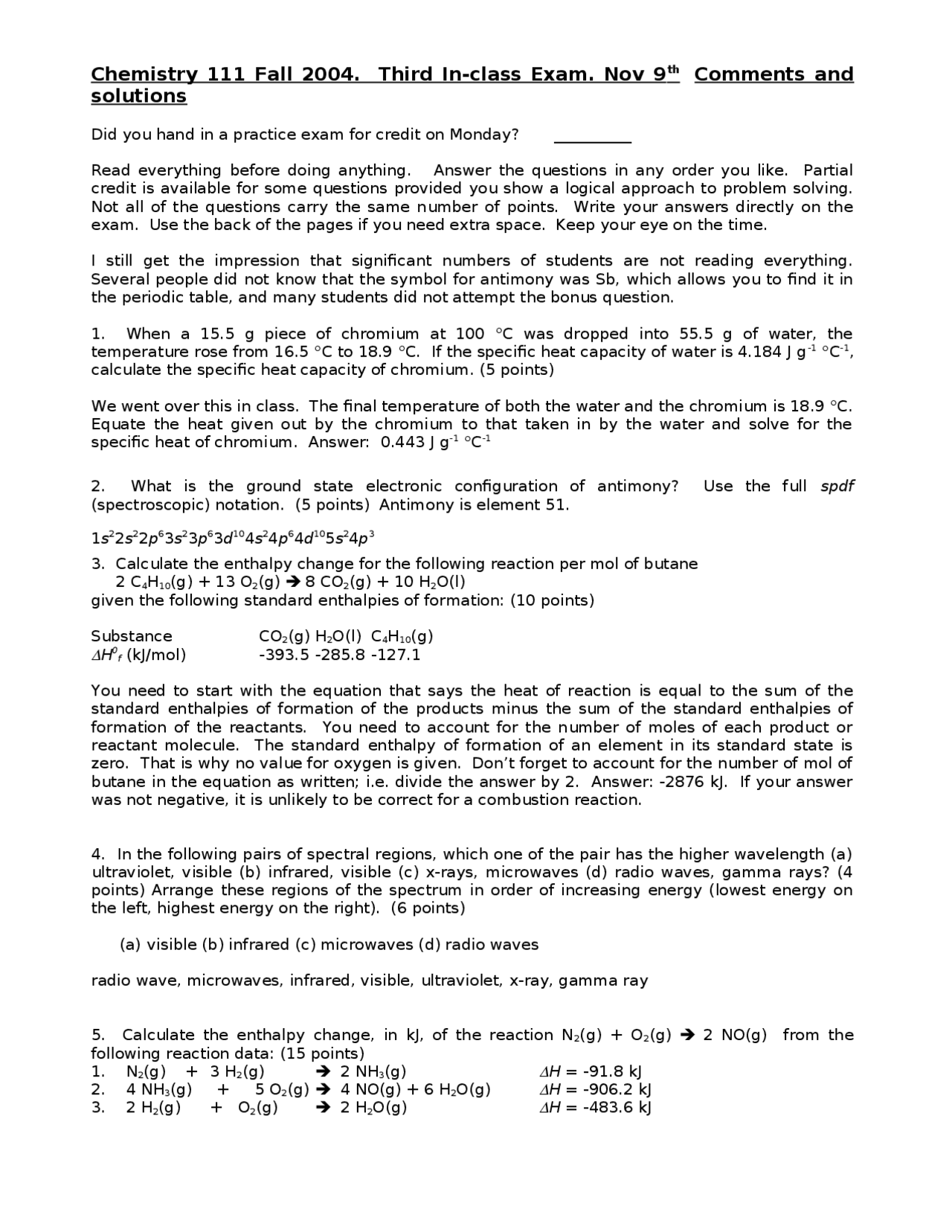 Practice Questions For Exam 3 General Chemistry Science Chem 111