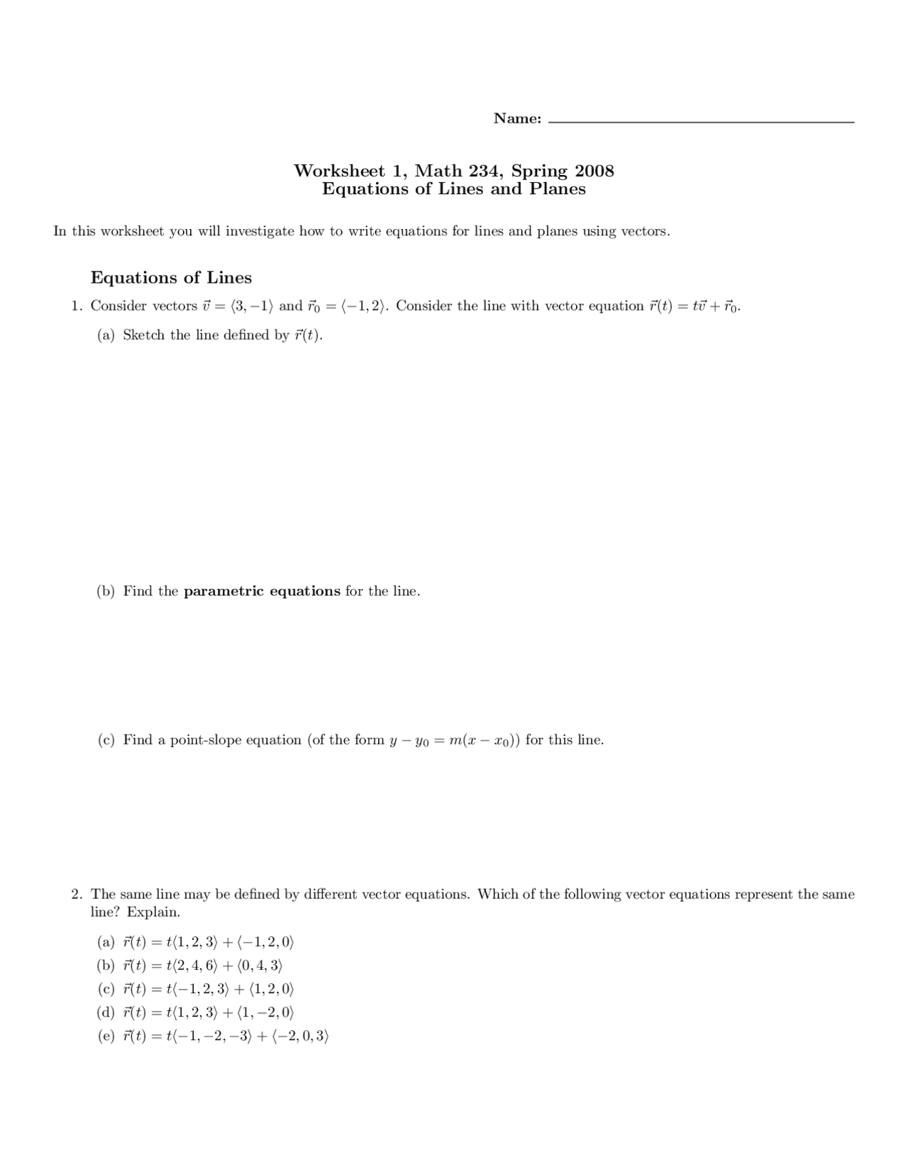 Equations Of Lines And Planes Calculus Iii Assignment 1 Math 234