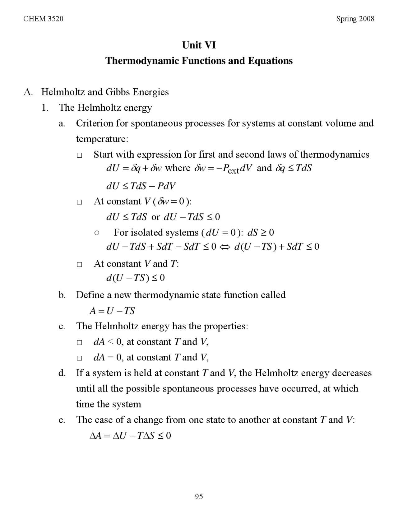 Thermodynamic Functions and Equations - Unit VI | CHEM 3520 - Docsity