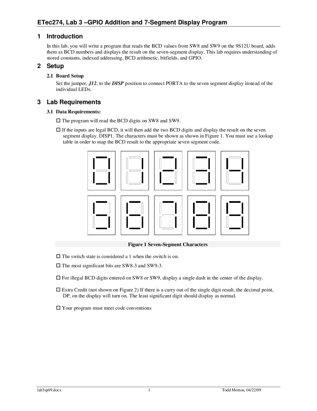 ETec274 Lab 3: GPIO Addition and 7-Segment Display Program - Prof. Todd D. Morton | Lab Reports ...