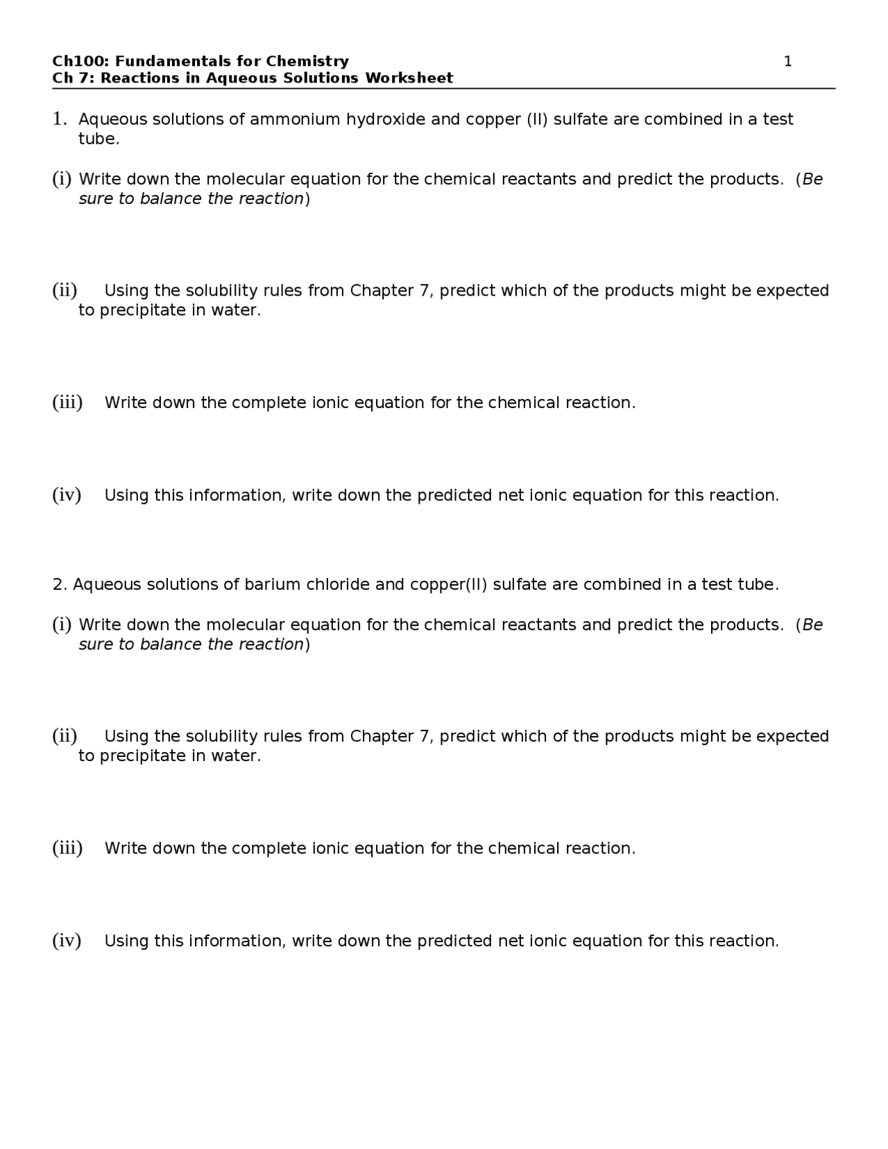 Reactions In Aqueous Solutions Worksheet Fundamentals For Chemistry