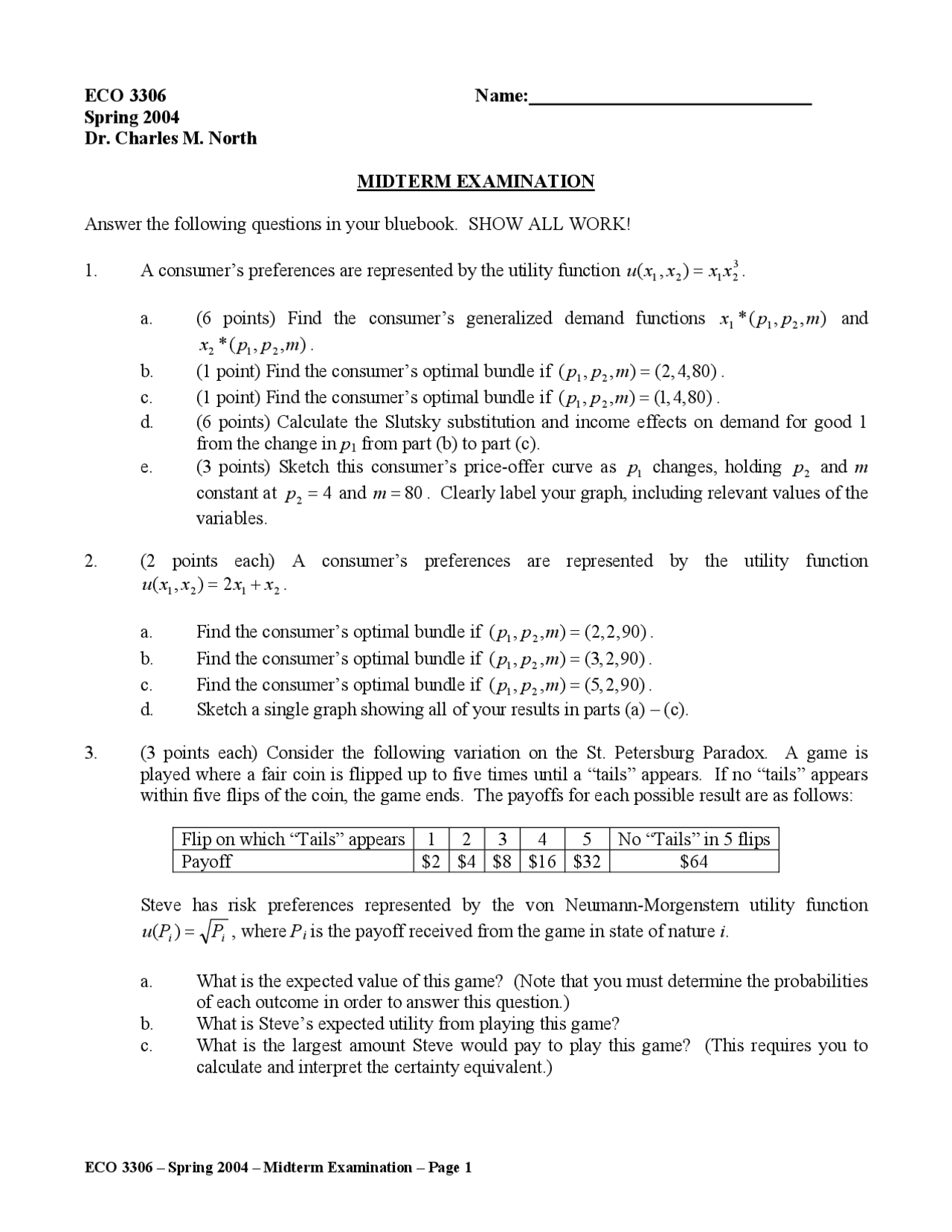 Midterm Exam Intermediate Microeconomic Analysis Eco 3306 Docsity