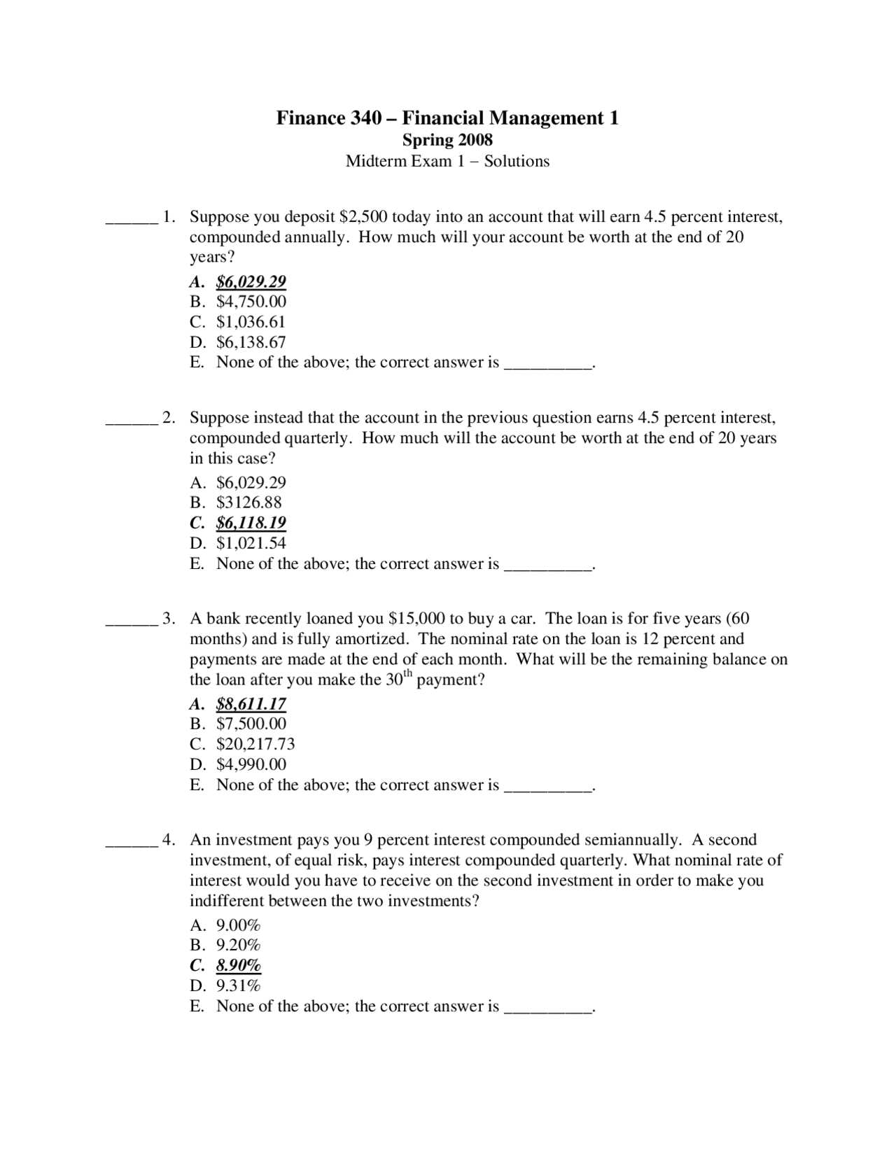 35 Solved MCQs Midterm Exam 1 - Financial Management I | FIN 340 ...