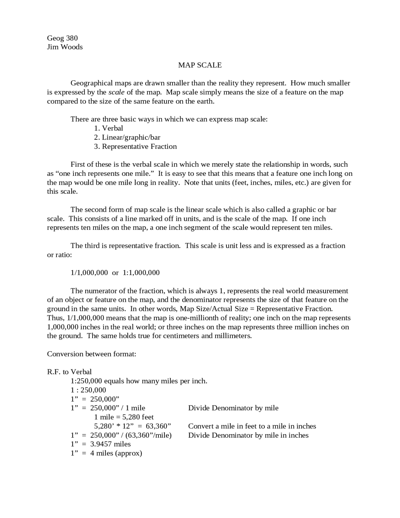 Notes on Map Scale - Map Interpretation and Analysis | GEOG 380 - Docsity