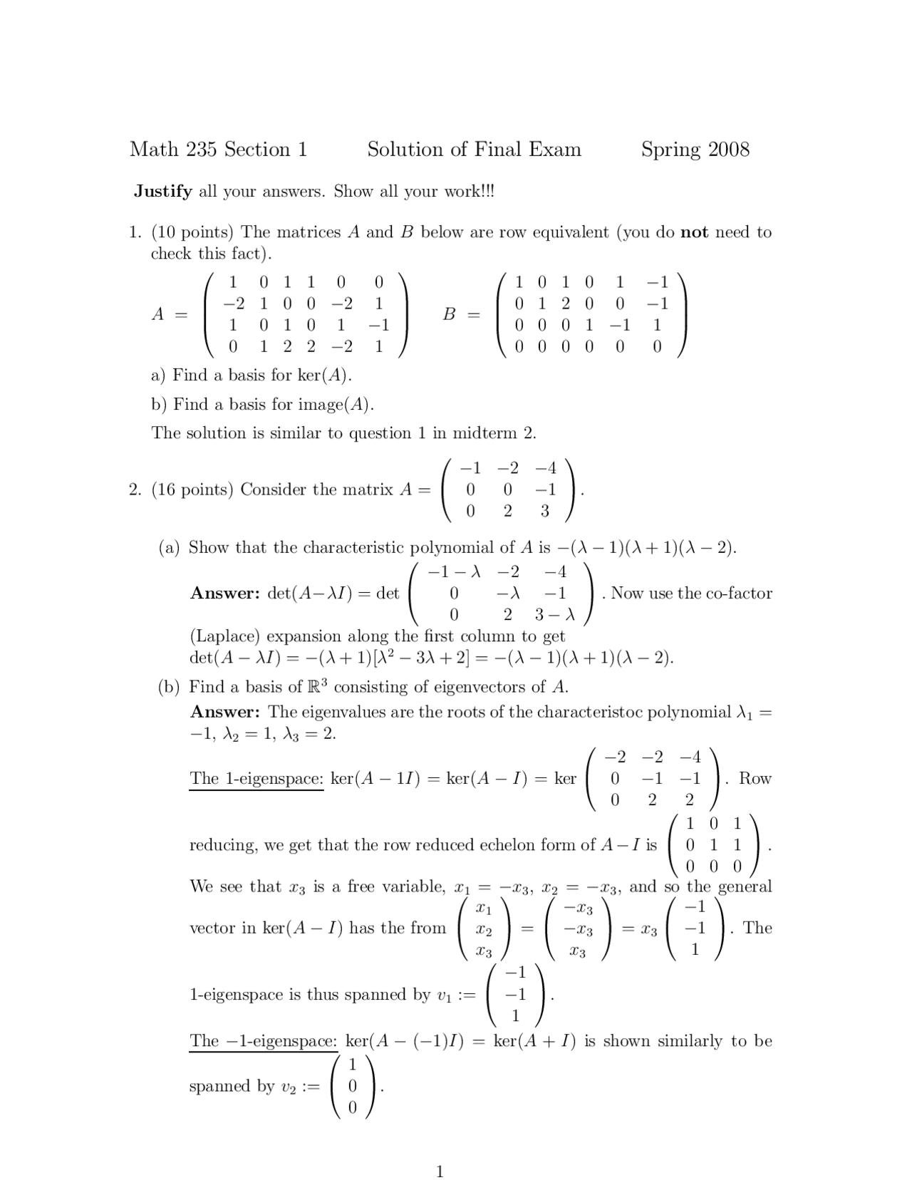 Solution To Final Exam Introduction To Linear Algebra Math 235