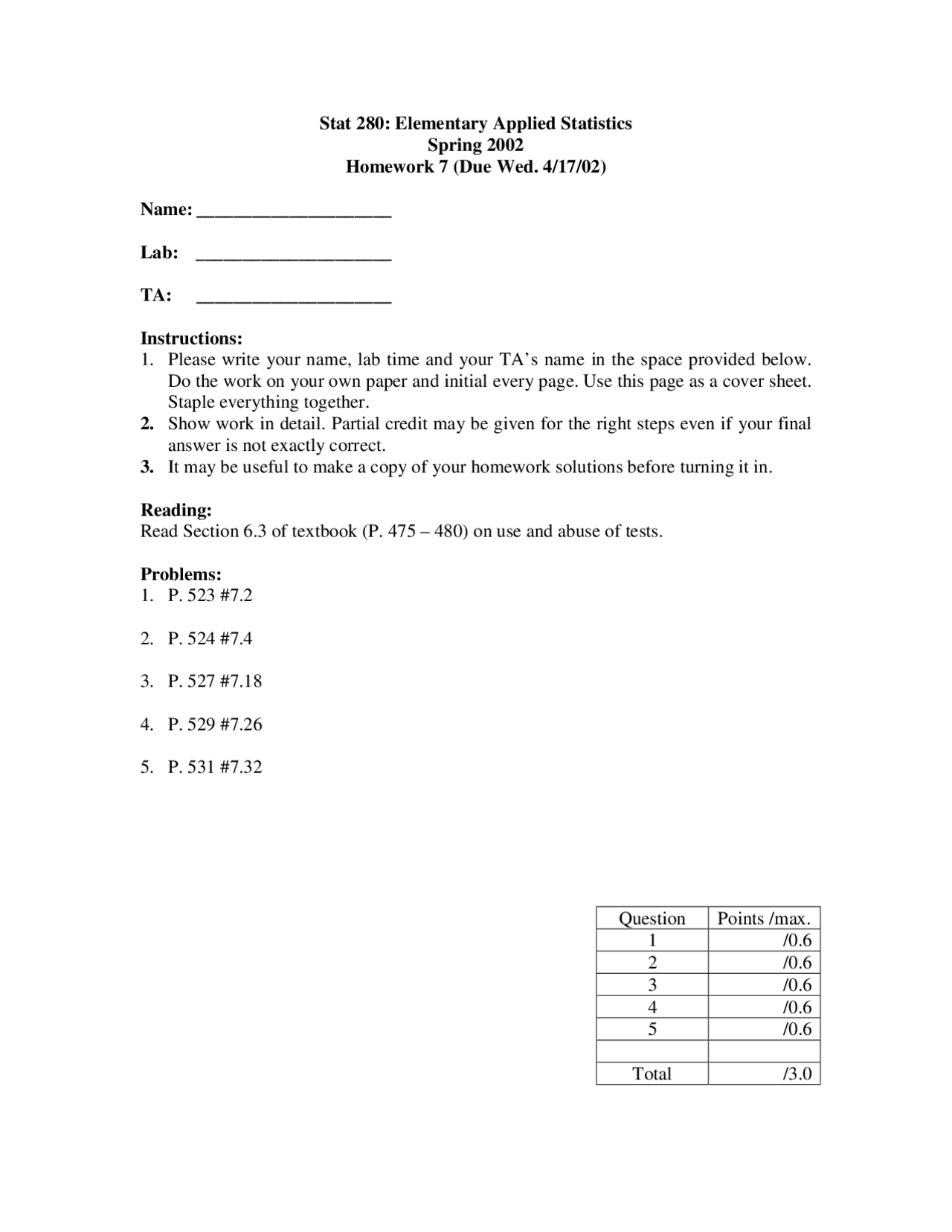 Homework 3 For Elementary Applied Statistics Stat 280 Docsity