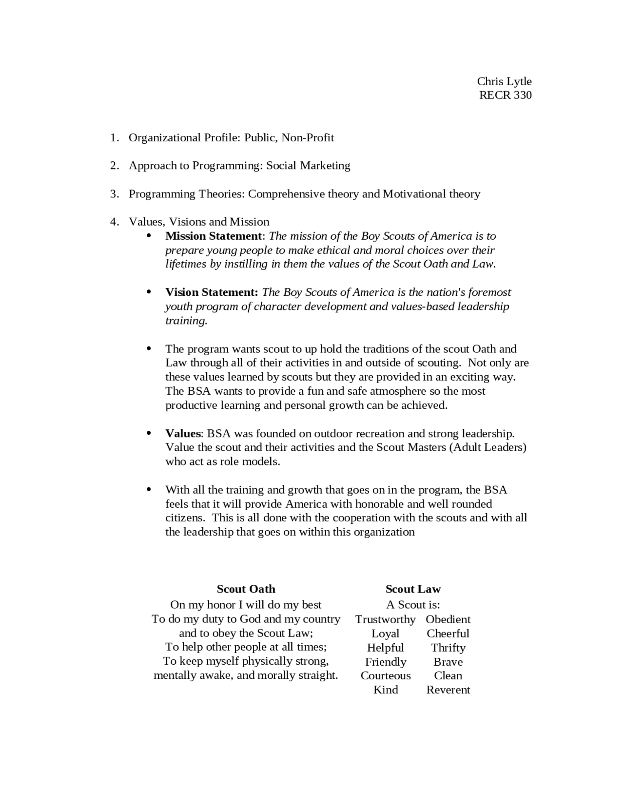 Value, Vision and Mission - Project Proposal | RECR 330 - Docsity