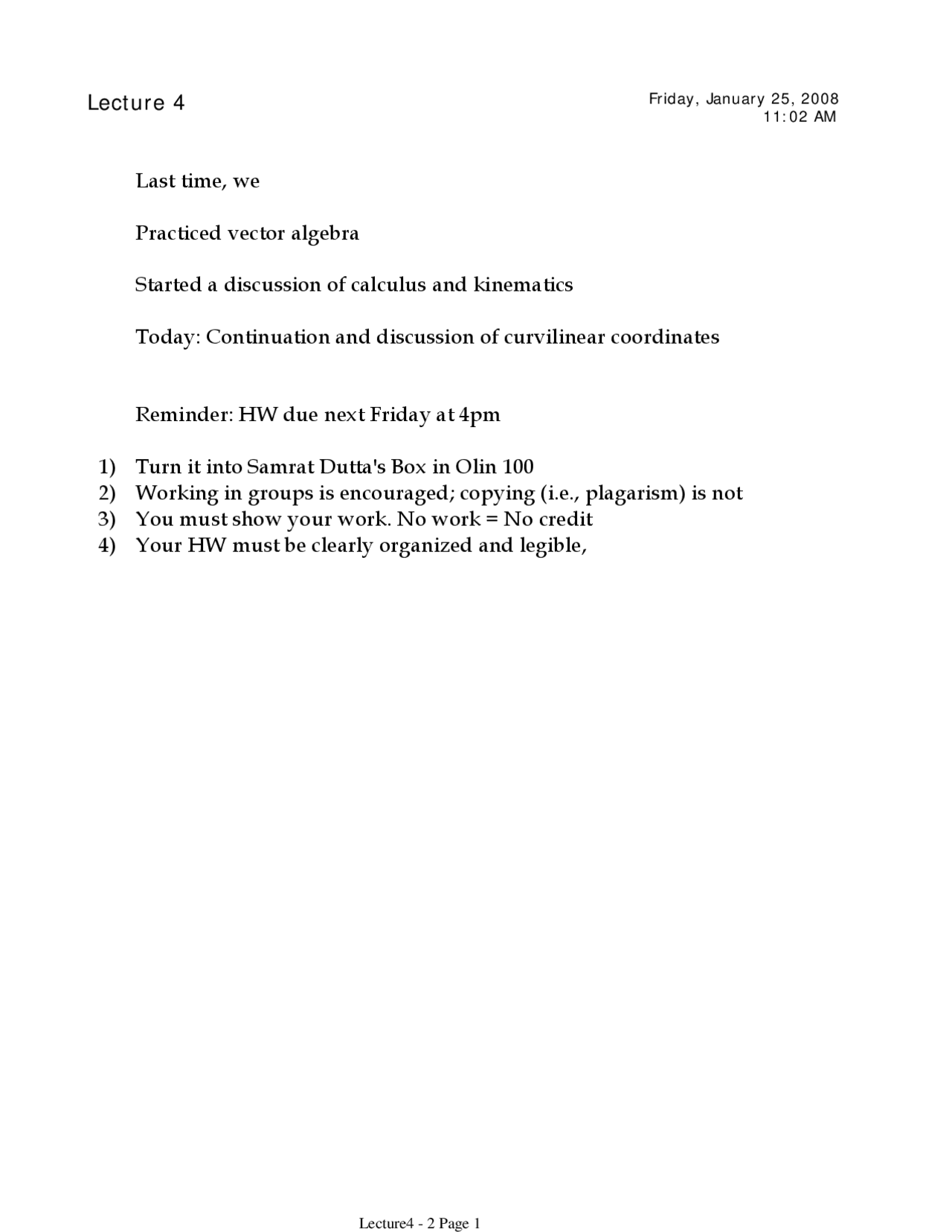 Calculus And Kinematics Lecture Handout Phy 262 Docsity