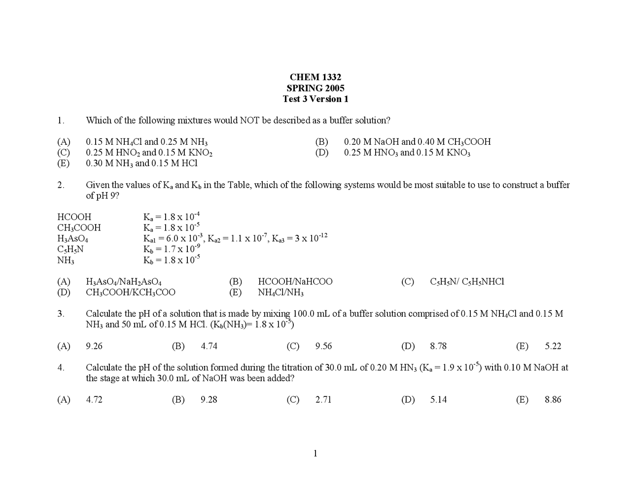 Solution For Test 3 Version A Fundamentals Of Chemistry Chem 1332