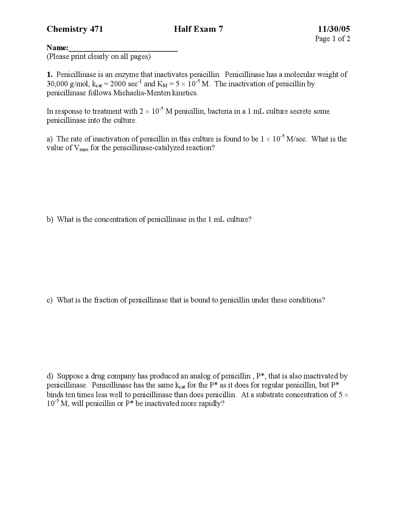 2 Practice Questions for Exam 7 - Elementary Physical Chemistry | CHEM ...