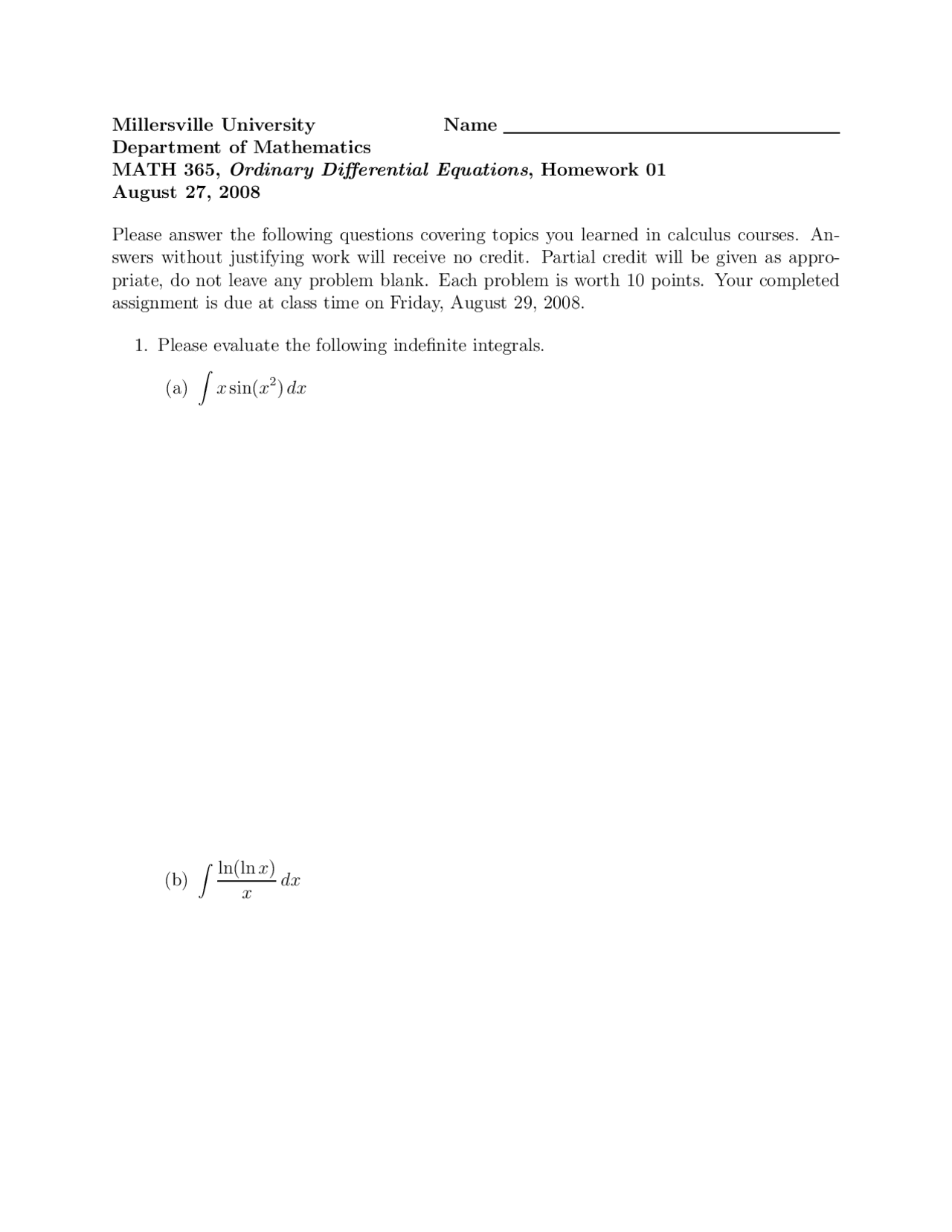 Ordinary Differential Equation Homework 1 Practice Math 365 Docsity
