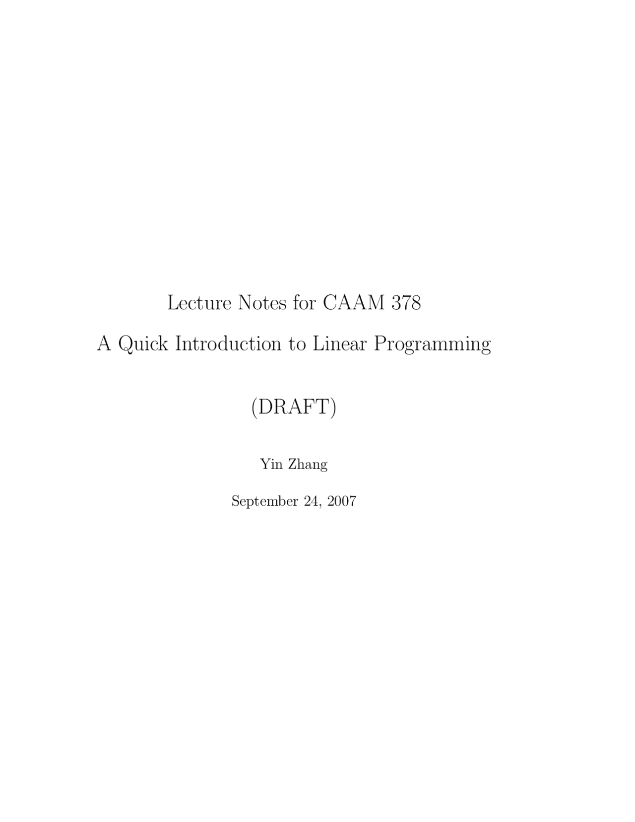Introduction To Linear Programming Lecture Notes Caam 378 Docsity 0465