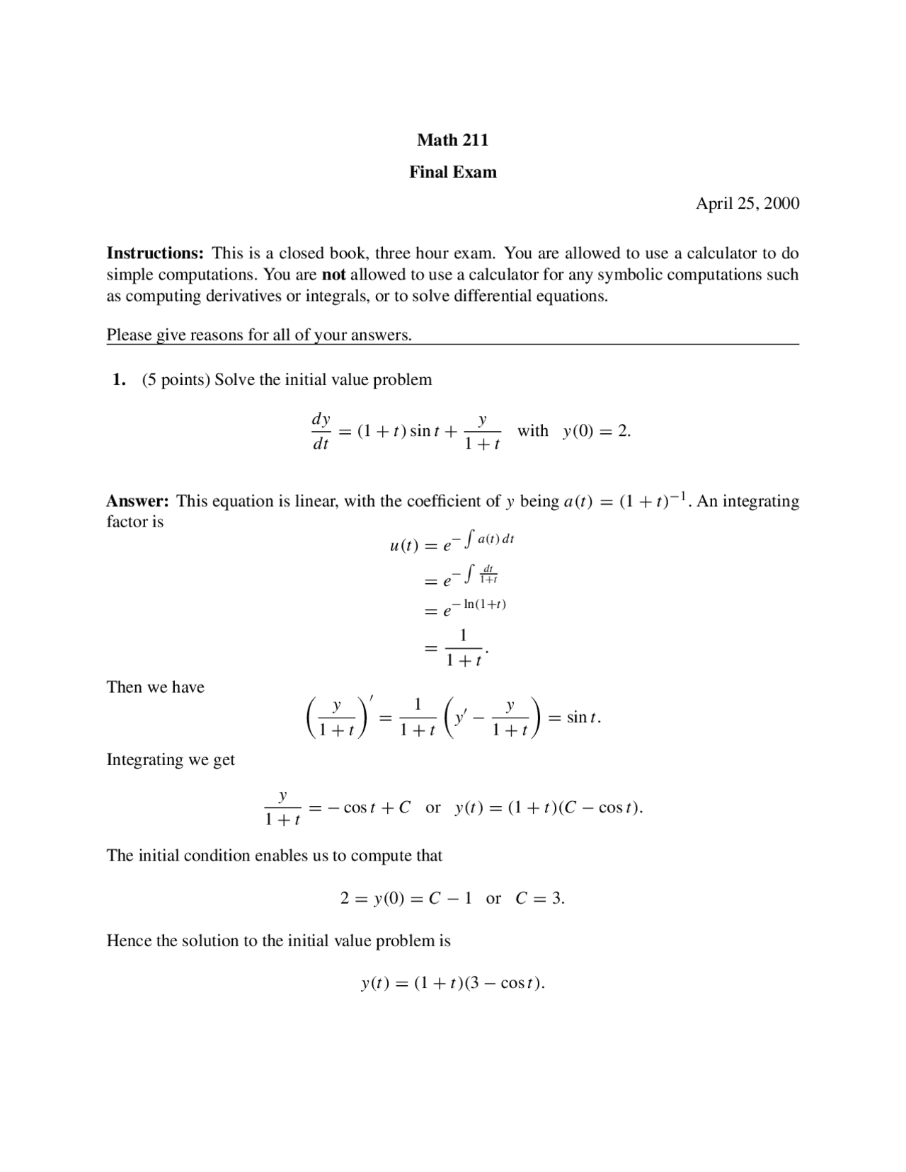 Final Exam - Initial Value Problem - Ordinary Differential Equation | MATH 211 - Docsity
