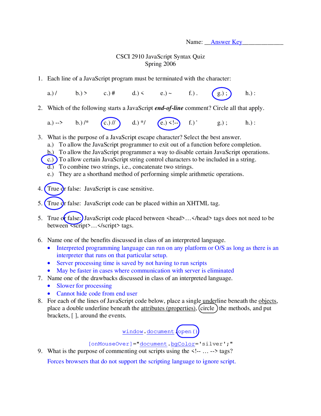9 Multiple Choice With Key Of Server Side Web Programs Quiz Csci