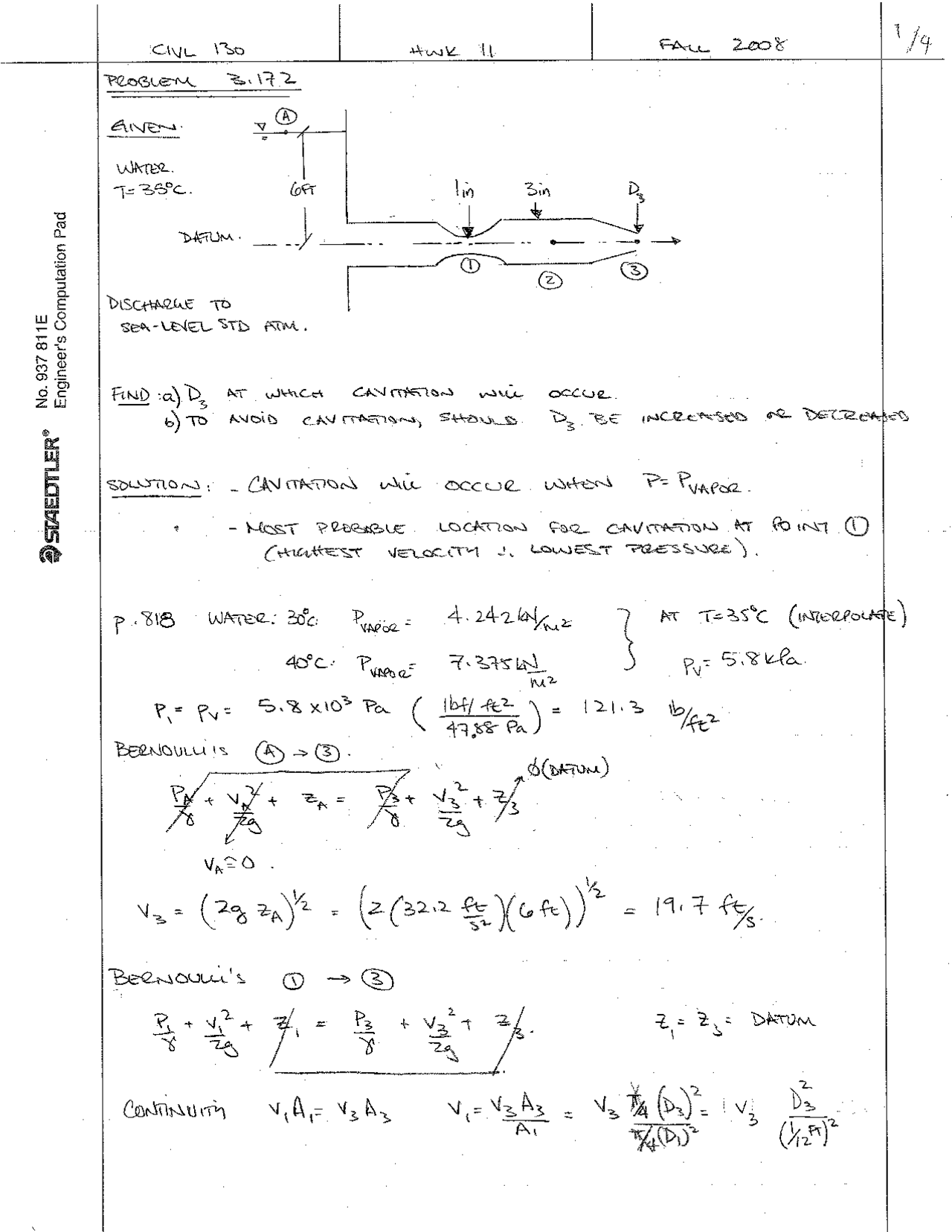 4 Solved Problems on Fluid Mechanics l - Assignment 11 | CIVL 130 - Docsity
