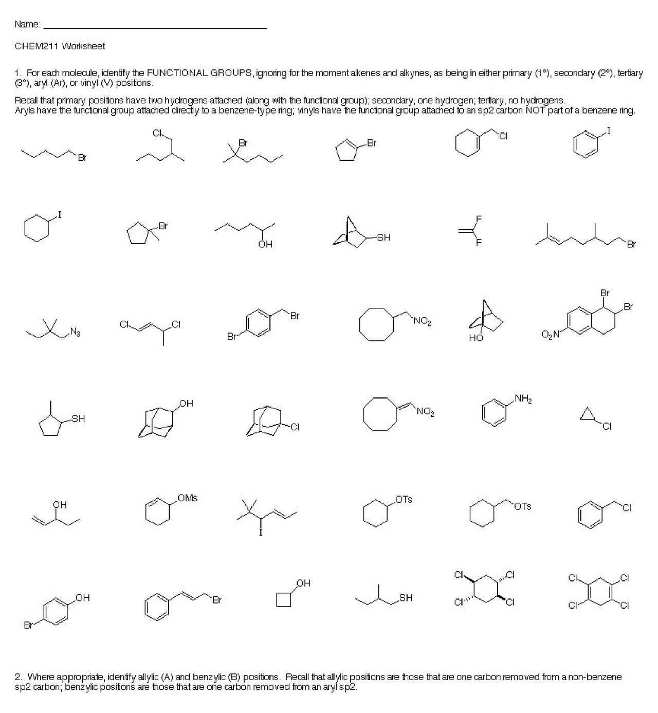 Assignment Questions Organic Chemistry I Chem 211 Assignments