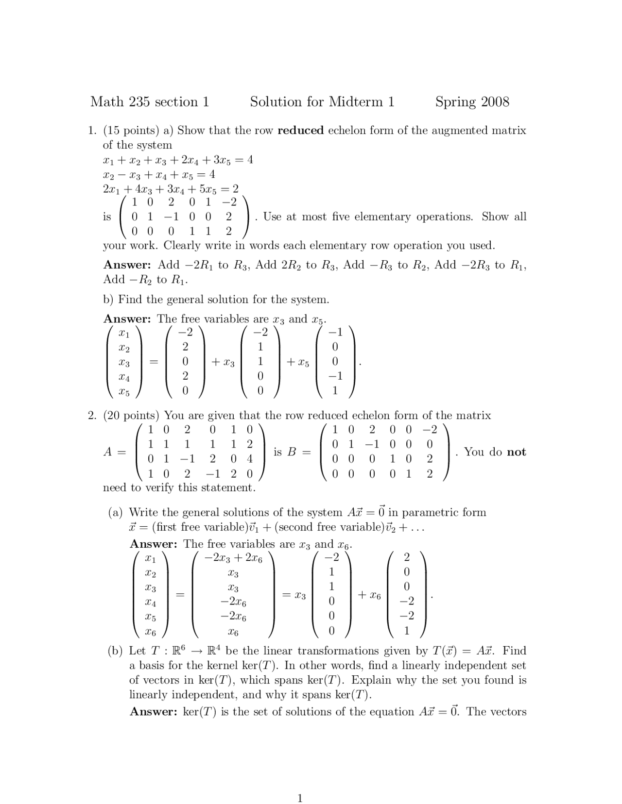 6 Solved Questions on Linear Transformation - Midterm Exam | MATH 235 - Docsity