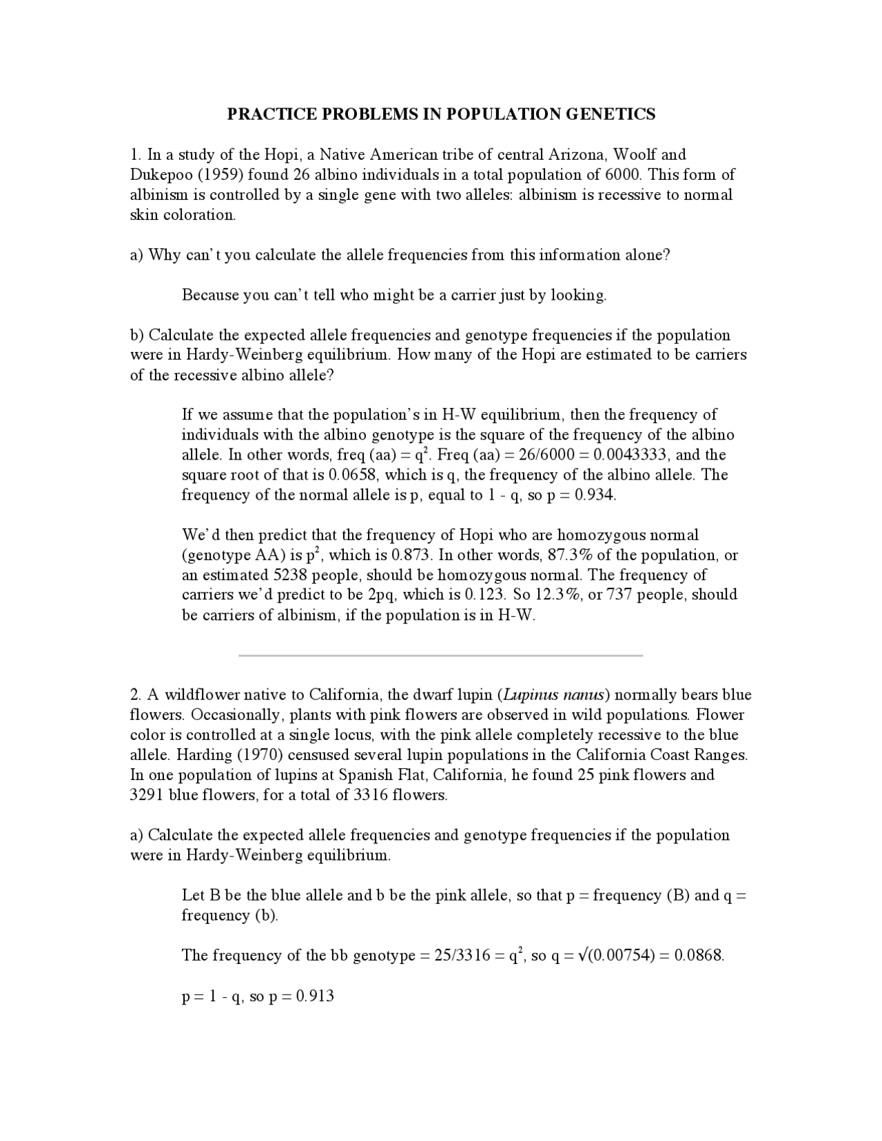 Practice Problems In Population Genetics Biol 4415 Docsity