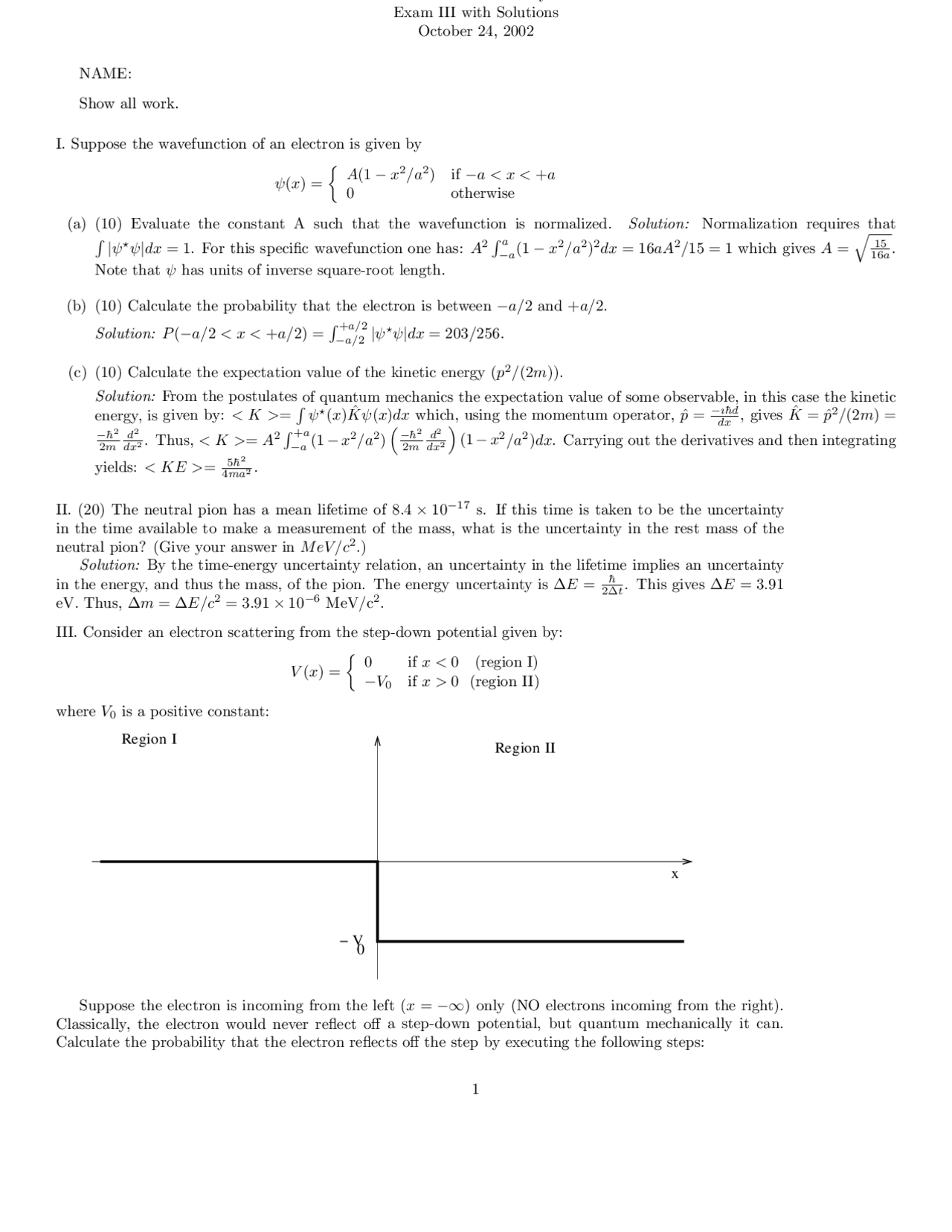 Exam 3 With Solutions Physics Iii Modern Physics Phgn 300 Docsity