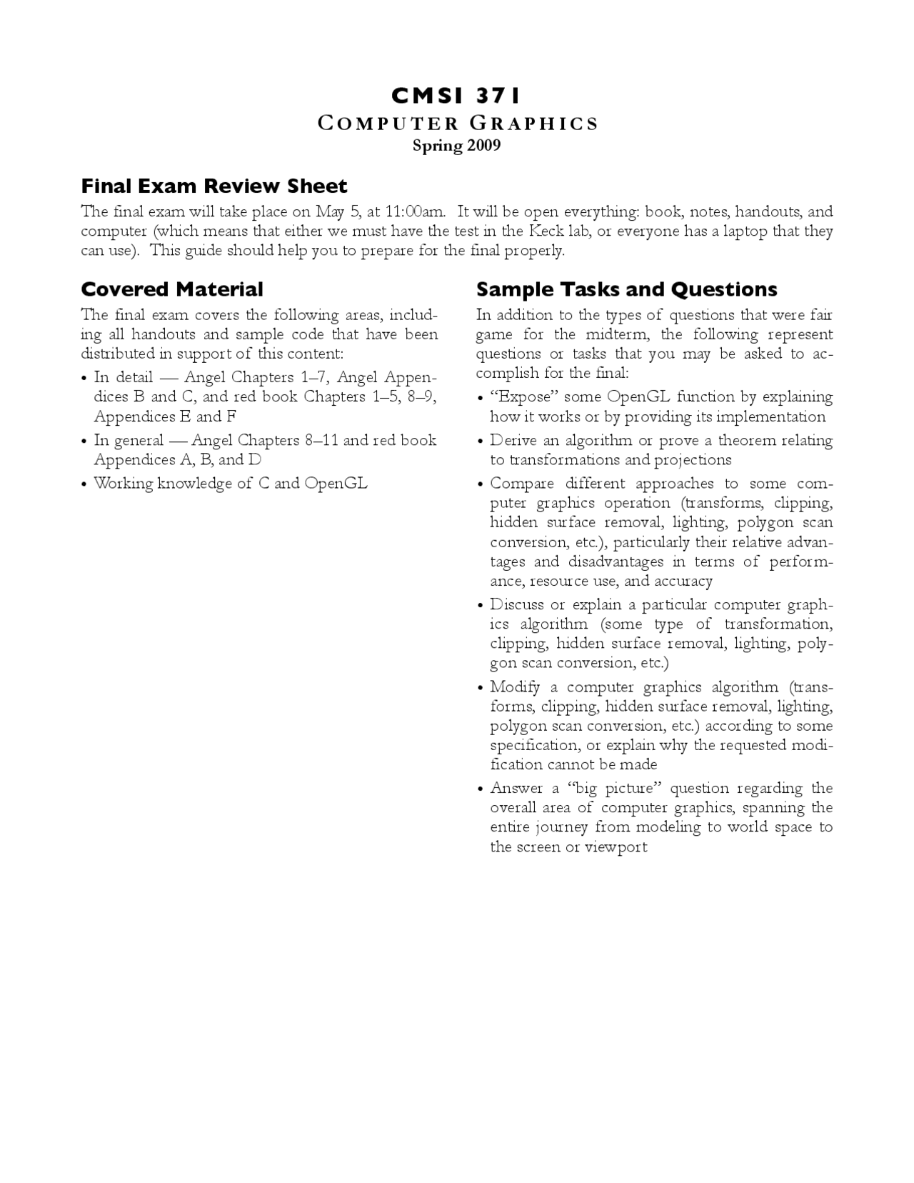 Final Exam Review Sheet Computer Graphics Cmsi 371 Docsity