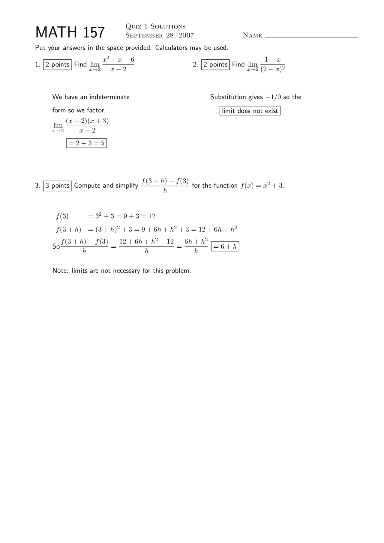 Quiz 1 Solutions Calculus Applications To Business And Economics