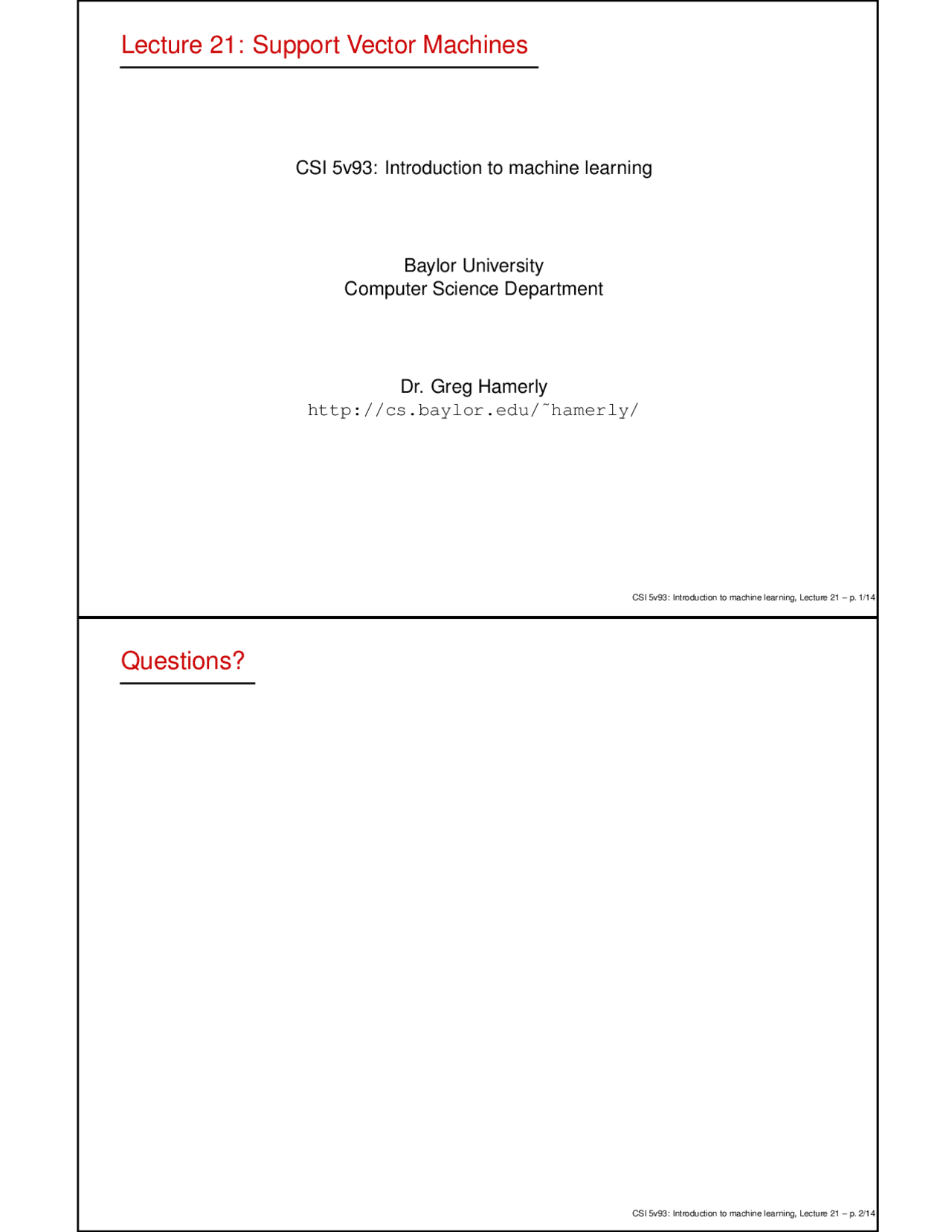 Support Vector Machines Lecture Slides Csi 5v93 Docsity