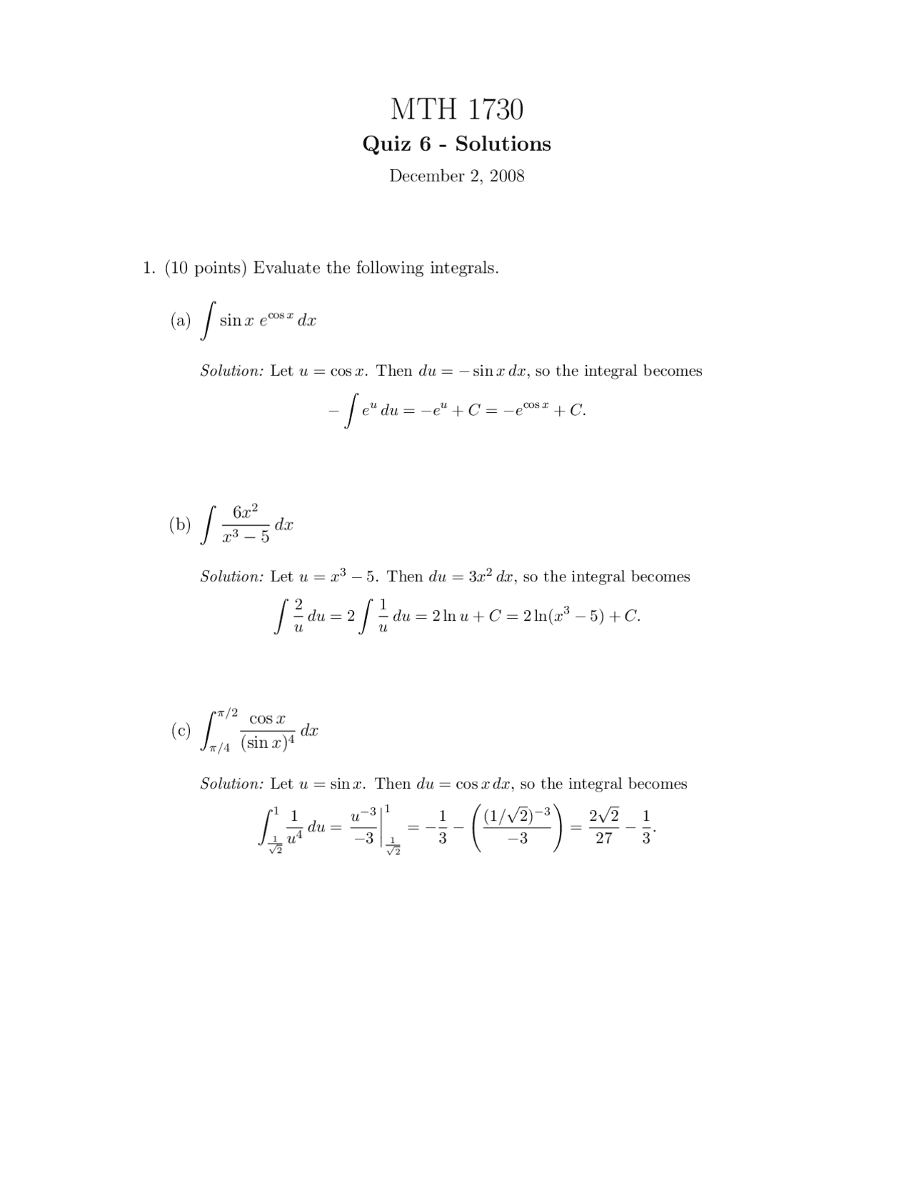 Quiz 6 With Solution University Calculus I Mth 1730 Quizzes
