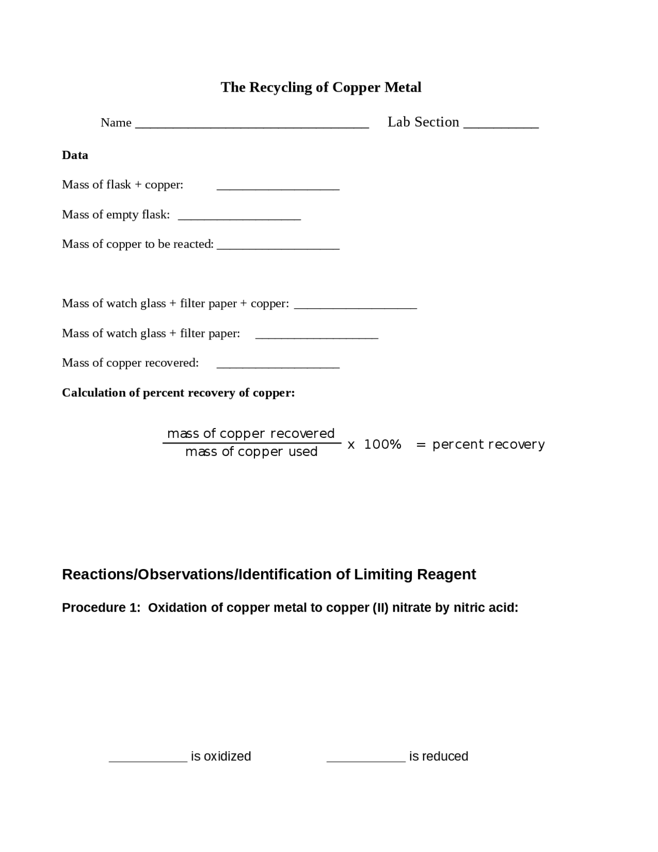The Recycling of Copper Metal - Lab Work | CHM 113 - Docsity