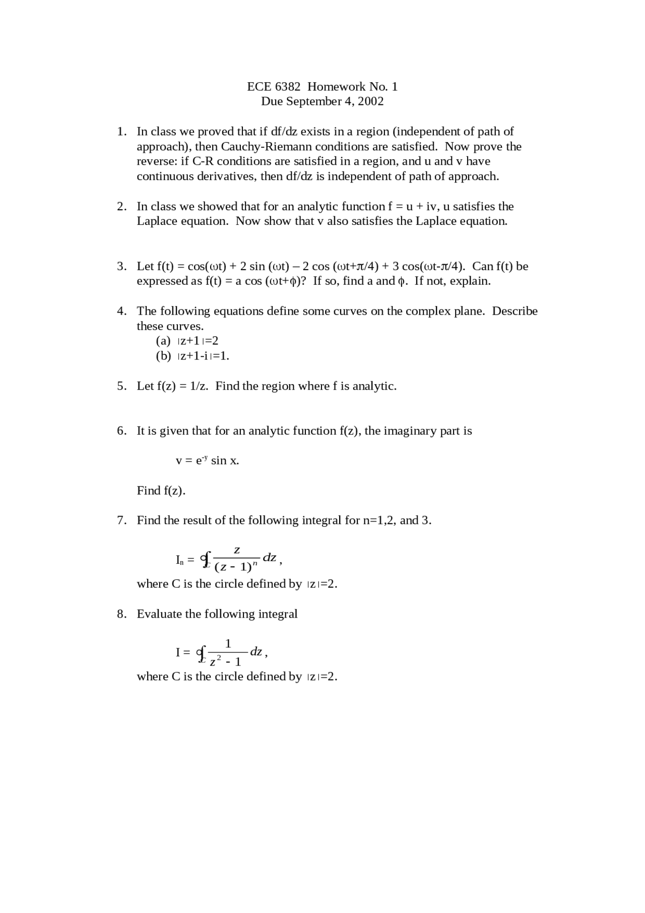 Homework 1 Engineering Analysis I Ece 6382 Docsity