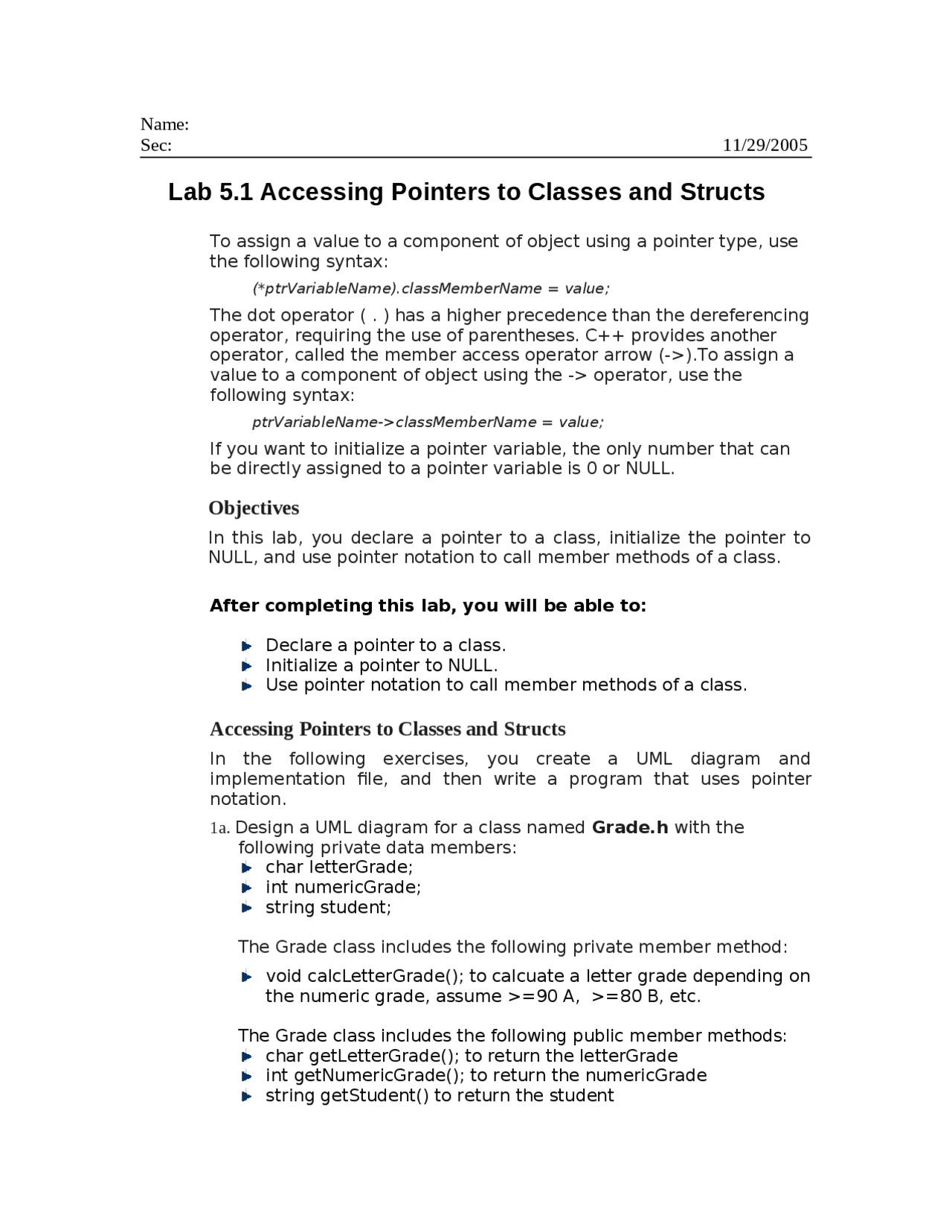 Accessing Pointers To Classes And Structure Lab 5 Csci 152 Docsity 6676
