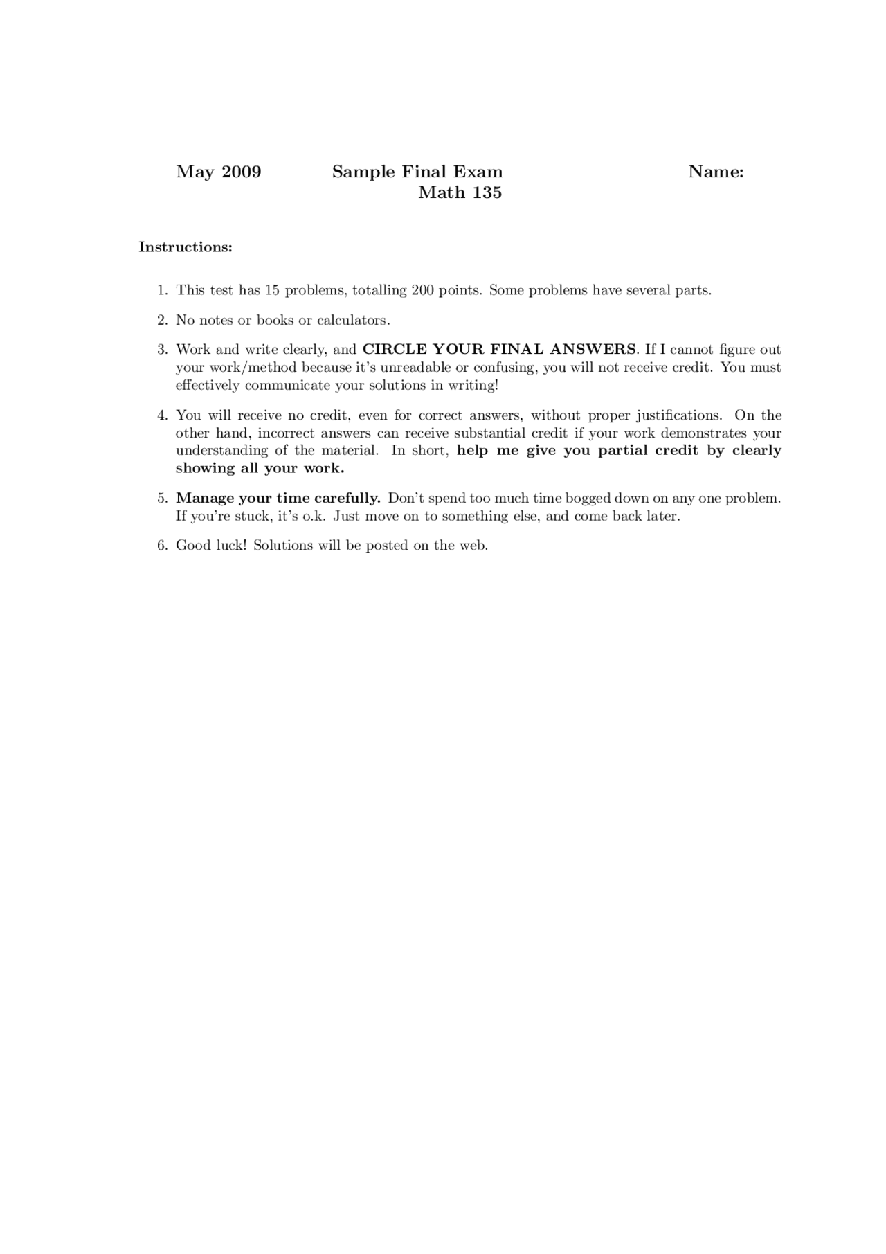 Sample Final Examination Business Calculus Math 135 Docsity