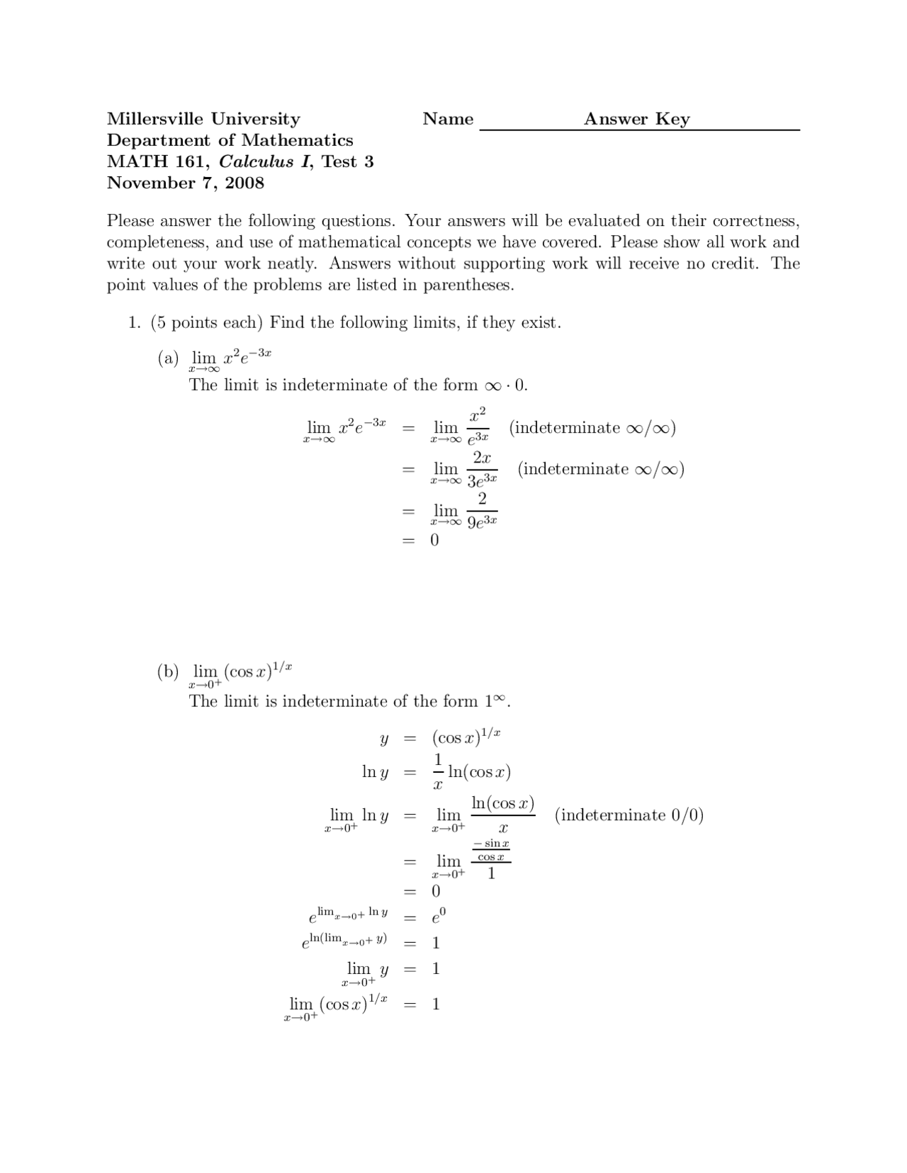 7 Solved Problems in Examination 3 - Introduction to Calculus I | MATH ...