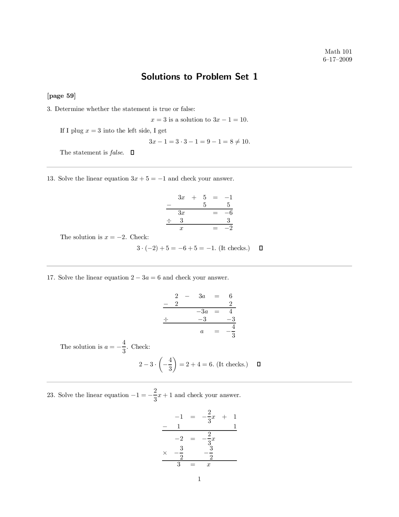 Solutions To Problem Set 1 College Algebra Math 101 Docsity