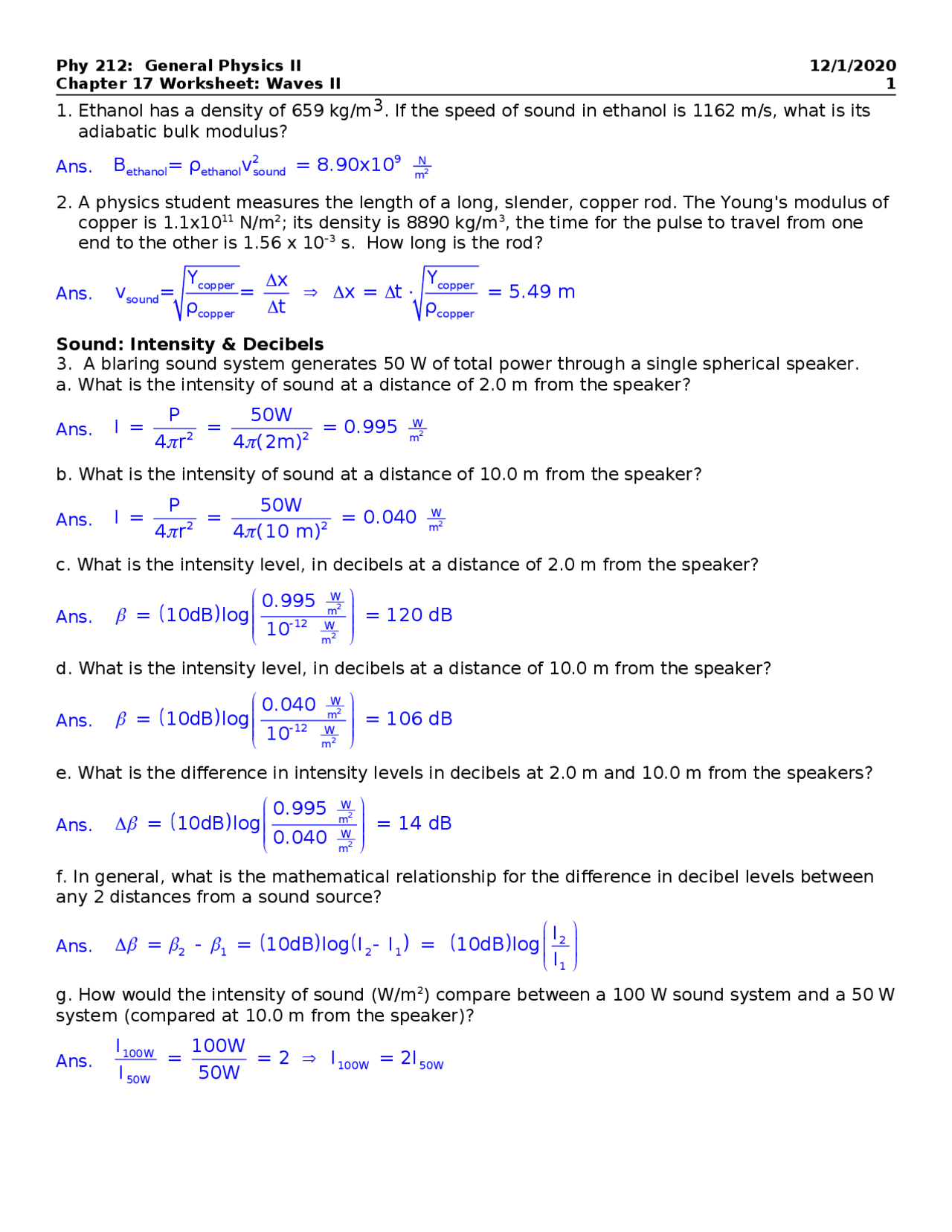 Worksheet On Waves 2 With Solution General Physics Phy 212 Docsity