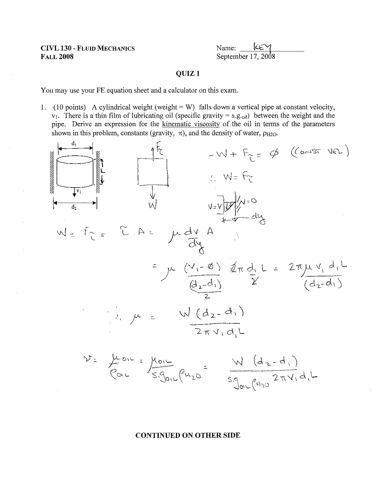 Kinematic Viscosity, Fluid Mechanics I - Quiz with Solutions | CIVL 130 - Docsity
