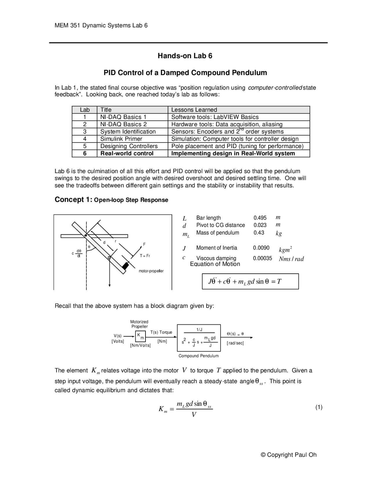 Lab 6: PID Control of a Damped Compound Pendulum | MEM 351 - Docsity