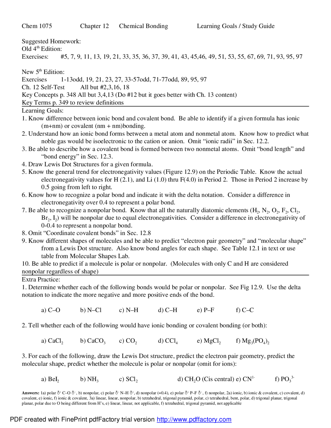 Chemical Bonding Assignment Questions Chem 1075 Docsity