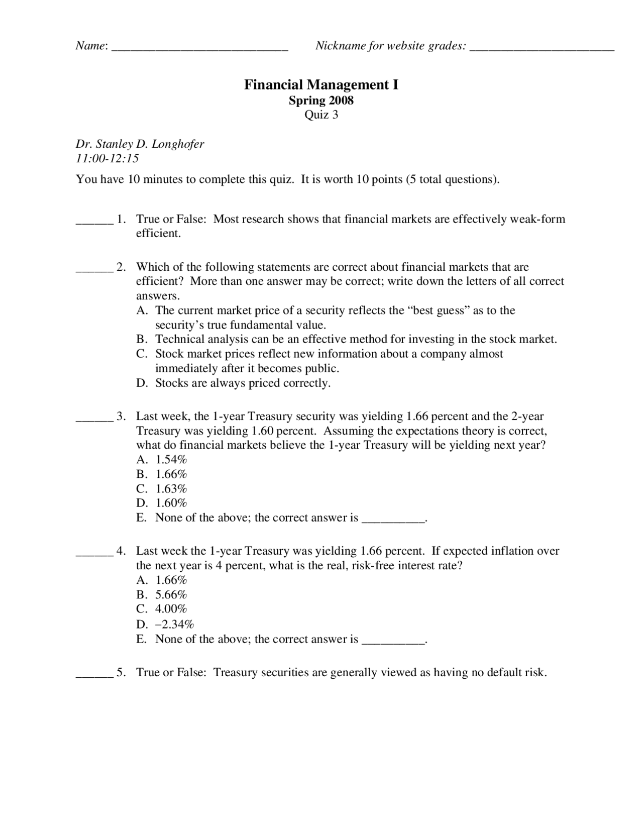 Quiz 3 Problems Financial Management I Fin 340 Docsity