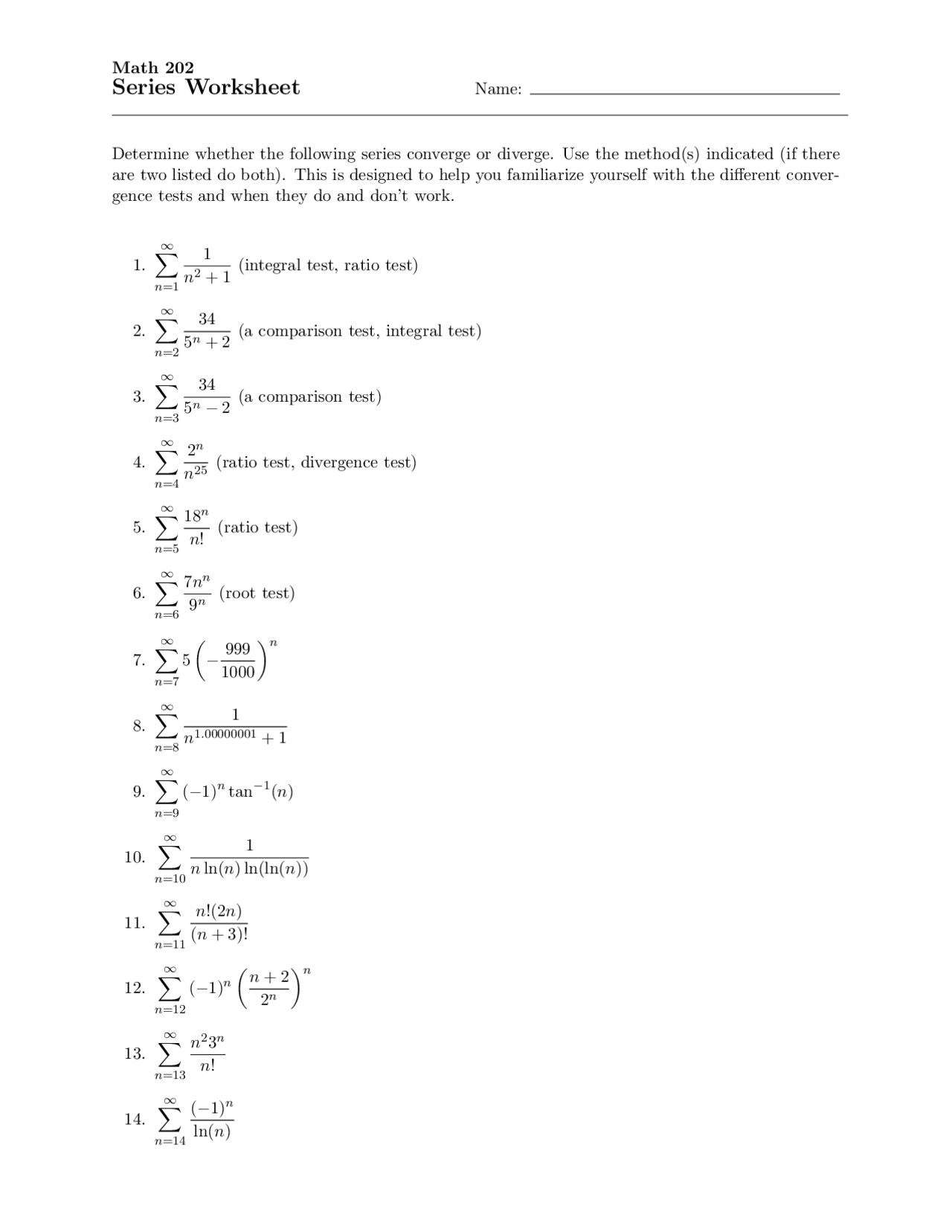 Series Worksheet Calculus Ii Math 202 Docsity