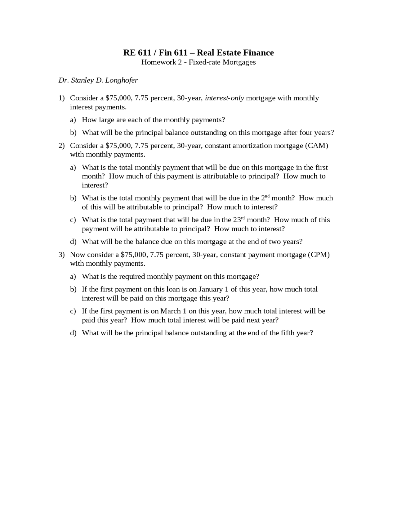 Practice Questions For Assignment 2 Real Estate Finance Re 611